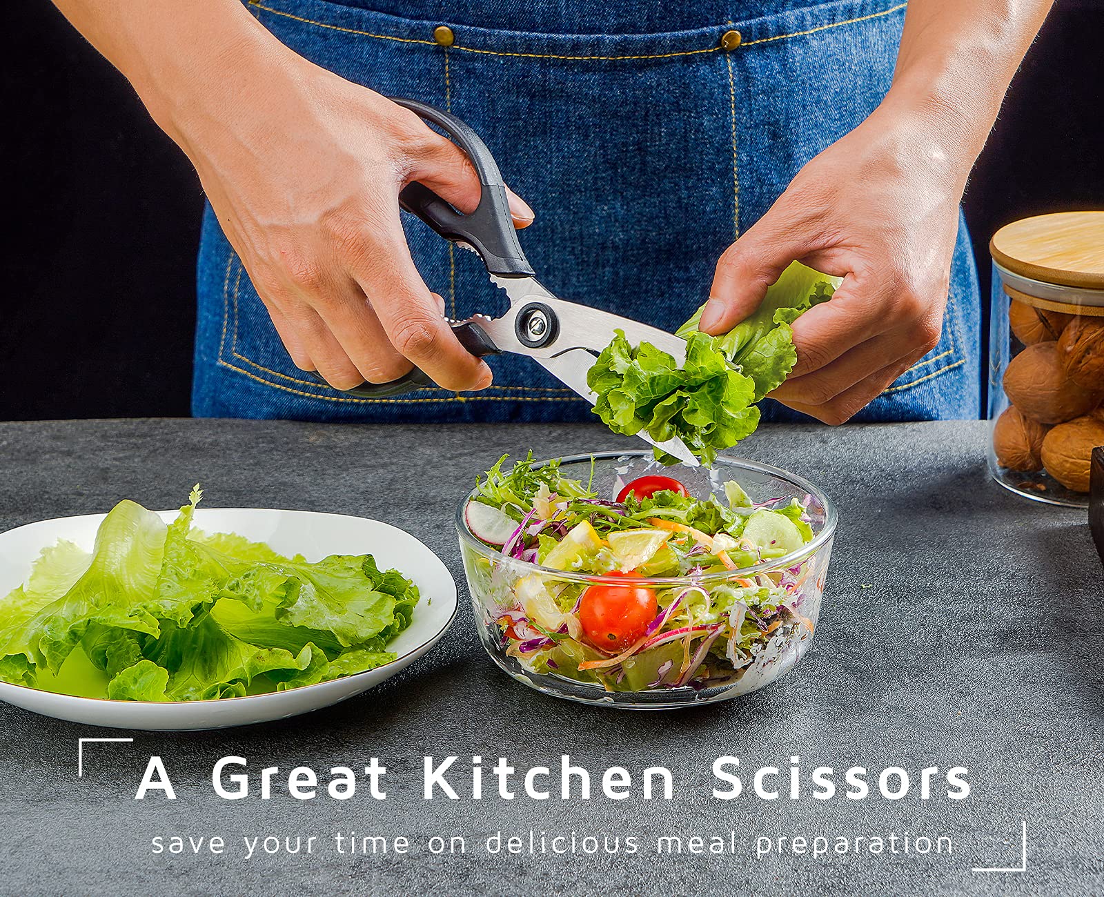 Multifunction Kitchen Scissors 2-Piece Set WELLSTAR, Heavy Duty Food Shears for Chicken Meat Vegetable Fish Herb Poultry Stainless Steel Cooking Scissors with Comfortable Handle Scissors Set (Black)