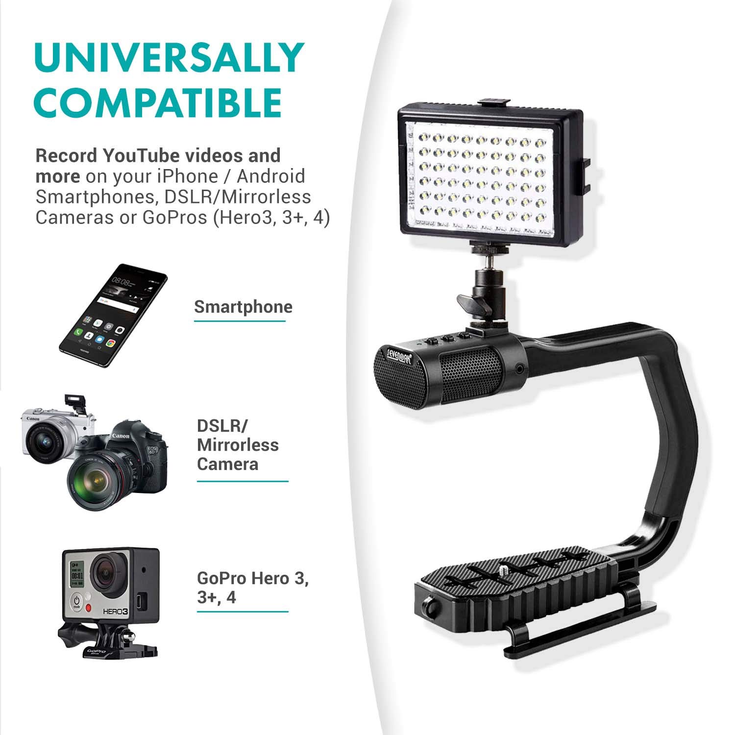 Movo + Sevenoak Micrig U Grip Handle with Built-in Stereo Microphone, LED Light, and Camera Accessories - Stabilizer for Camera, Smartphones, and GoPro Action Cameras