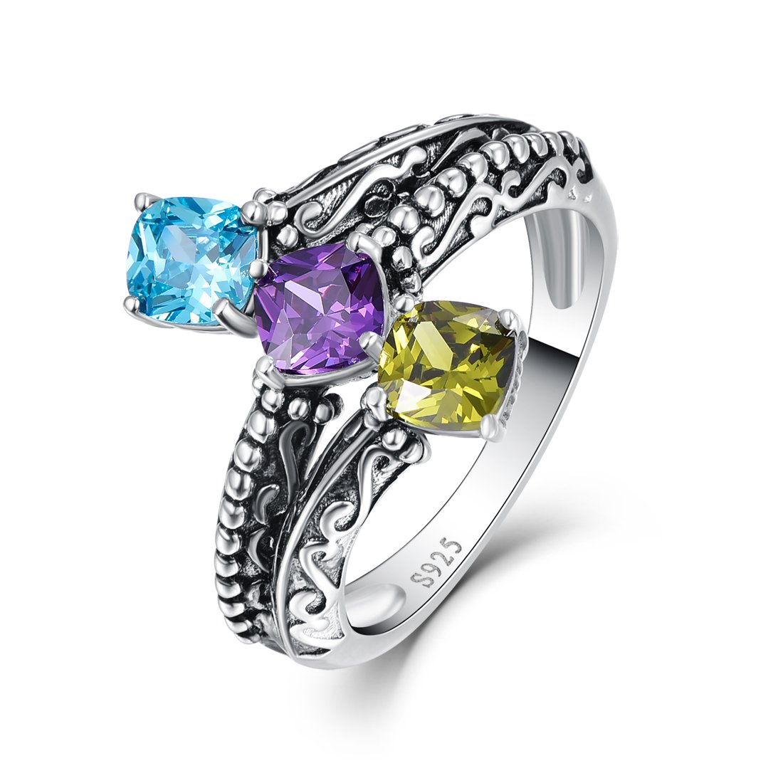 Merthus 12x12mm Princess Cut Simulated Amethyst Black Oxidized Finished 925 Sterling Silver Bohemian Ring for Women Size 9