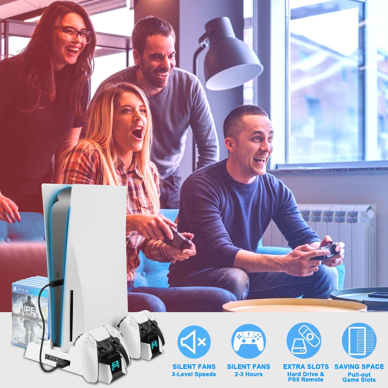 PS5 Accessories, PS5 Stand with Cooling Fan and Dual Controller Charger, Playstation 5 Digital & Disc Edition Vertical Stand, 3 Speeds Fan/Headset Holder/11 Game Slot (White)