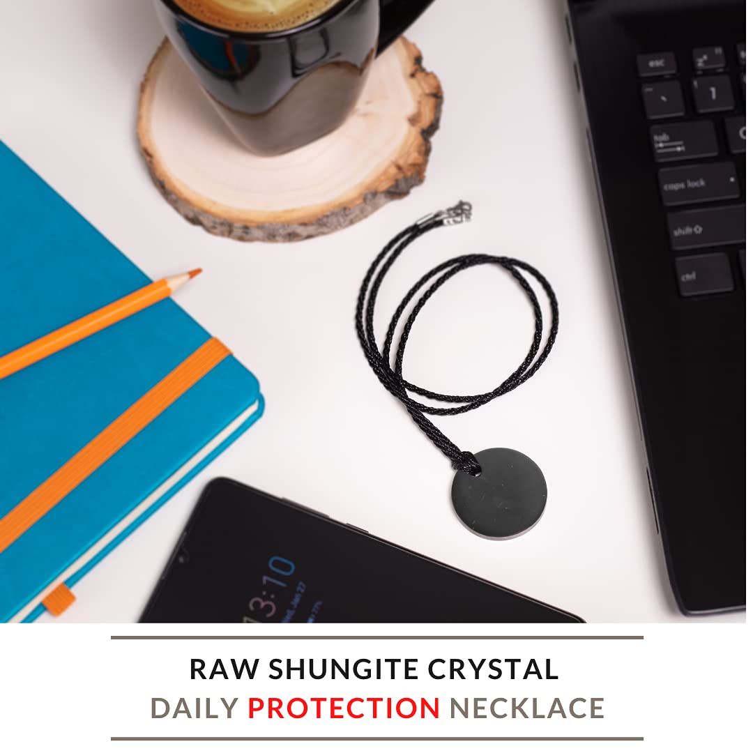 QUANTHOR Shungite Stones Protection Necklace | Authentic from Karelia Shungite Crystal with Carbon Fullerenes | Bad Energy Protection Shungite Necklace (Round)