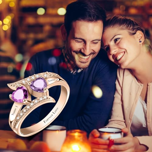 ORFAN Personalized Promise Rings for Her Custom Couples Name Ring for Women Mother Rings with 2 Simulated Birthstones Customized Christmas Gift for Her (Rose gold)