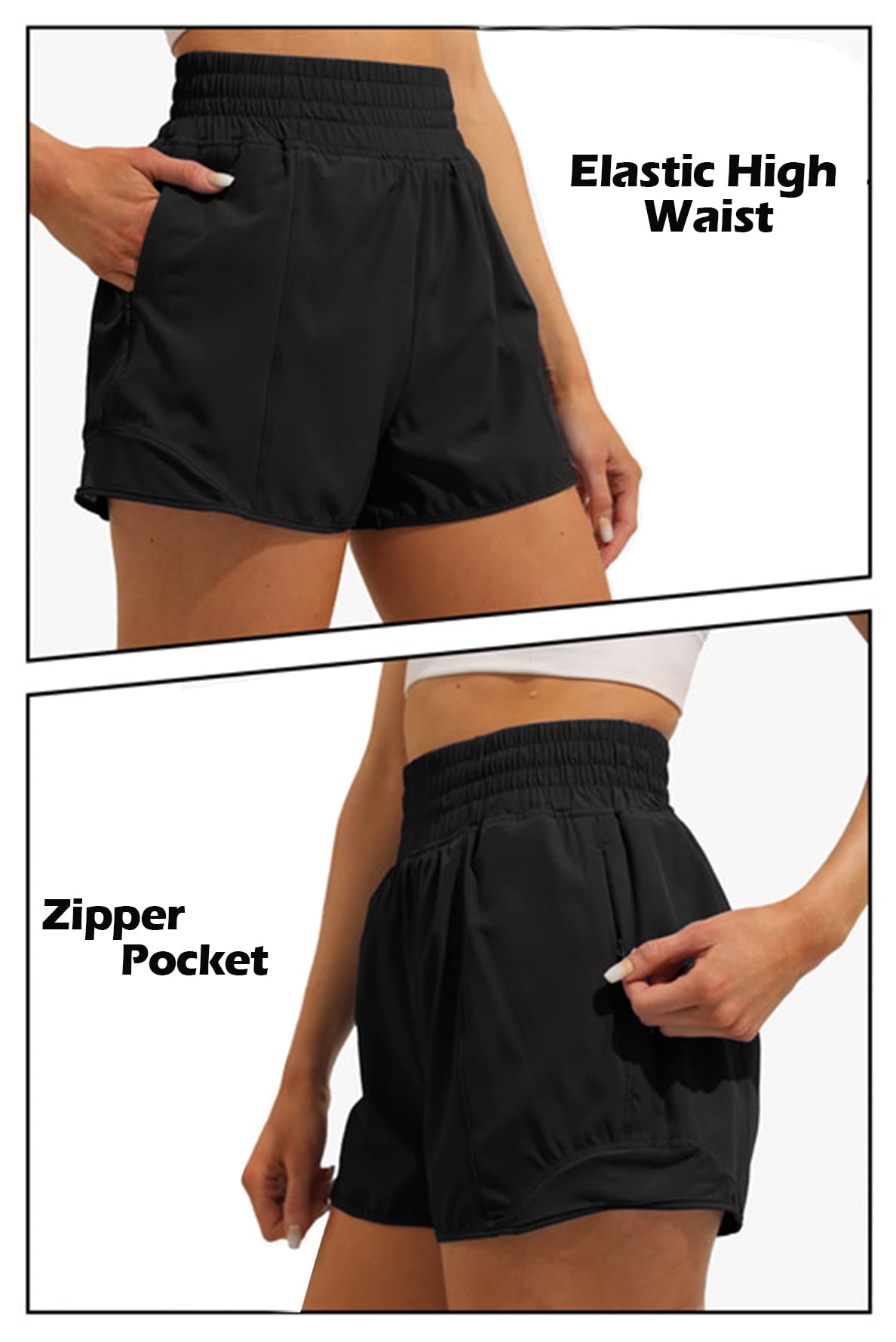 Women's Athletic Shorts High Waisted Running Quick Dry Sports Elastic Workout Shorts with Pockets Black