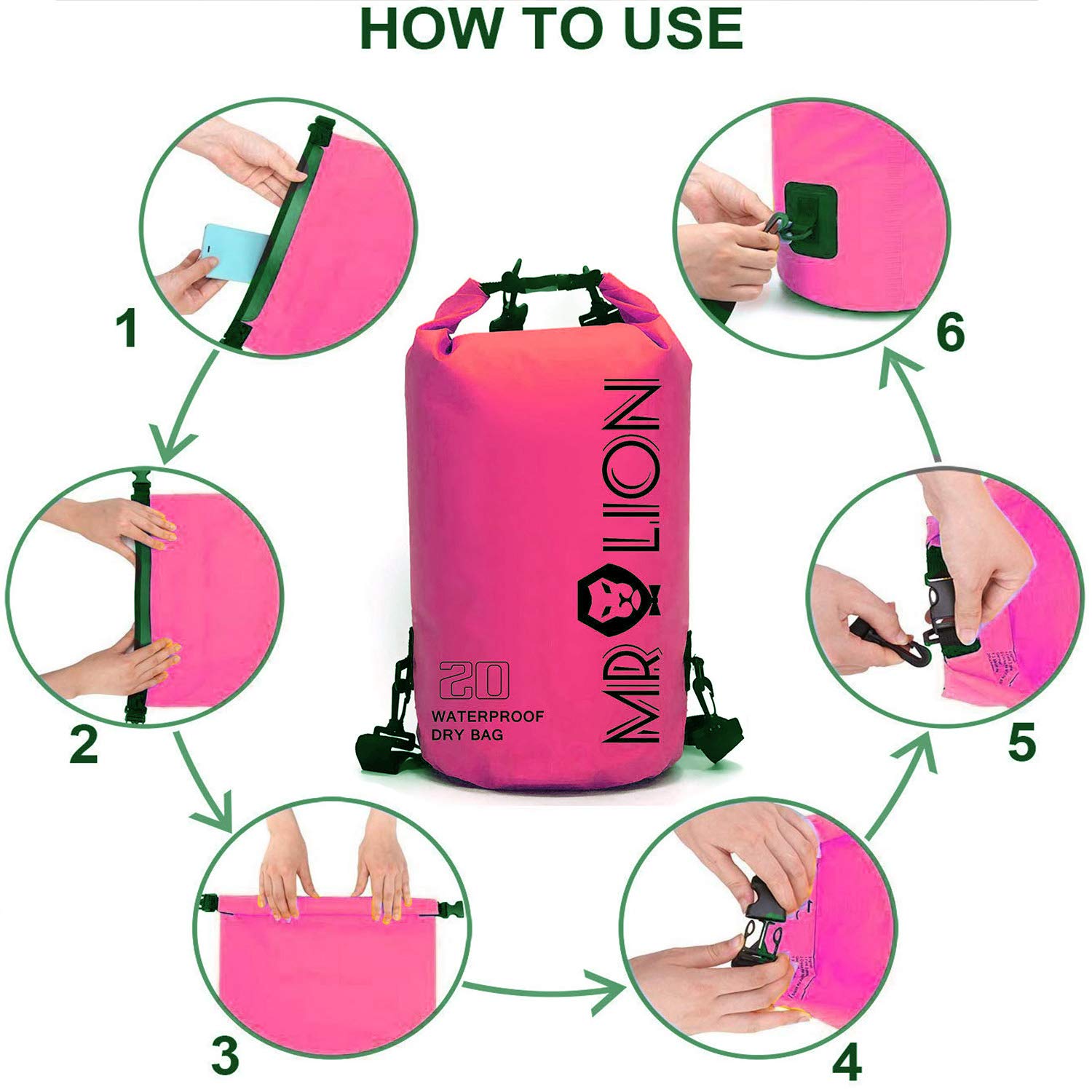 MR LION Waterproof Dry Bag - Roll Top Dry Compression Sack Keeps Gear Dry for Kayaking, Beach, Rafting, Boating, Hiking, Camping, Swimming, Floating and Fishing with Waterproof Phone Case (Pink, 20L)