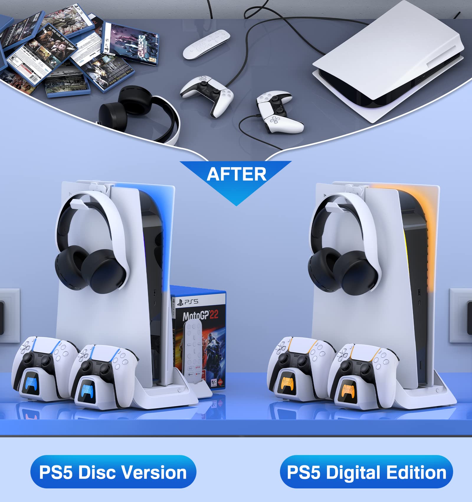 PS5 Stand with Cooling Station&Dual Controller Charger for Playstation 5 PS5 Console, CYKOARMOR PS5 Accessories with 5V/3A Adapter, PS5 Base with Cooler Fan, Charging Dock and Game Holder White