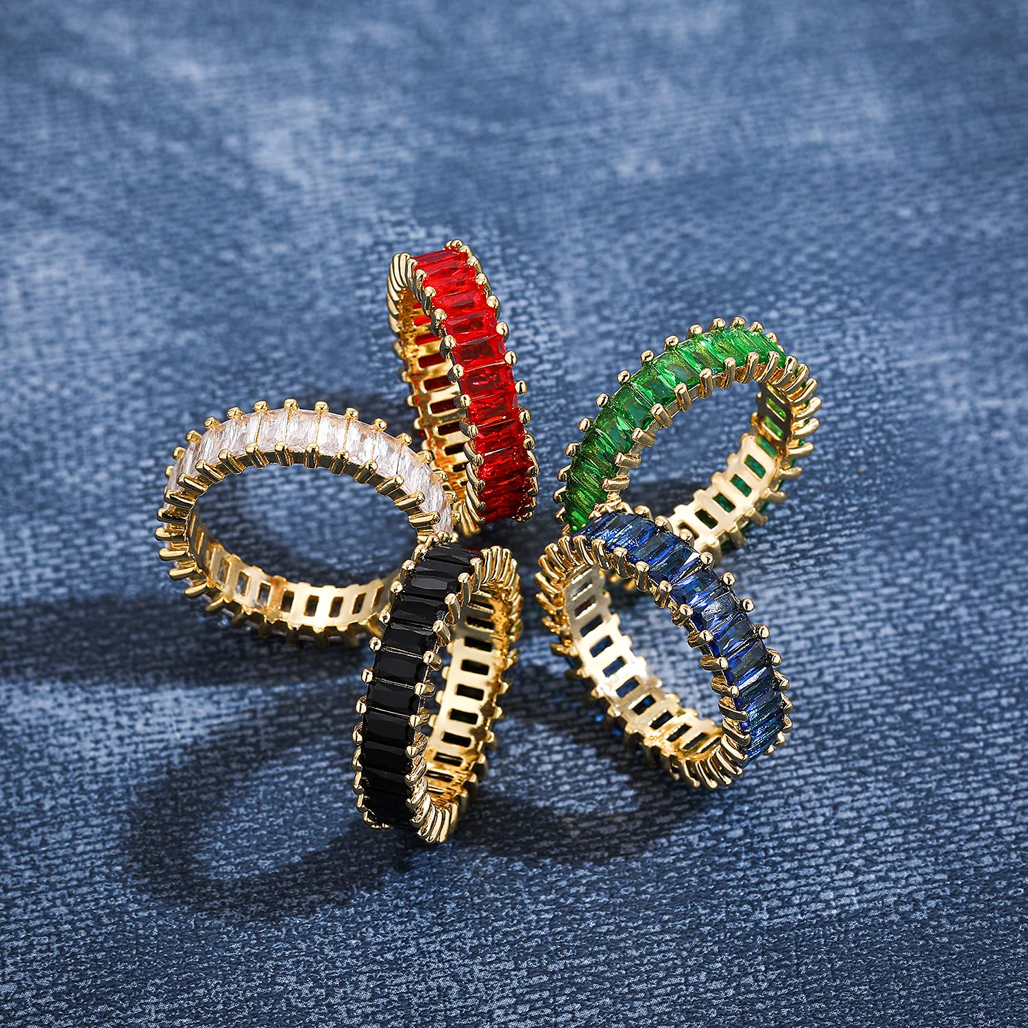 SLOONG 14K Gold Plated Ring Stacking Ring Square Cubic Zirconia Colorful Blue Ring | 5mm Stackable Rings for Women | US Size 7