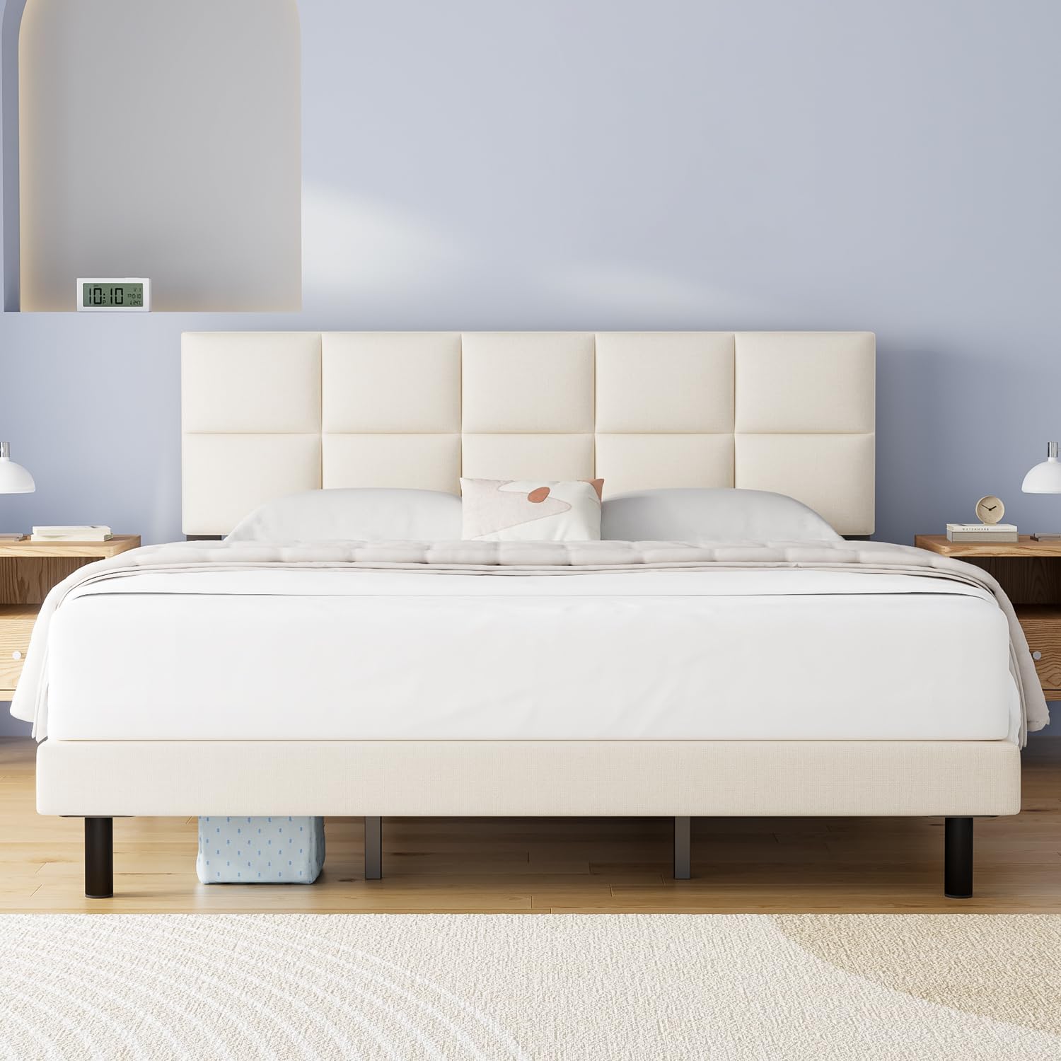 Molblly King Size Bed Frame with Upholstered Headboard, Strong Frame, and Wooden Slats Support, Non-Slip, and Noise-Free, No Box Spring Needed, Easy Assembly, Dark Grey