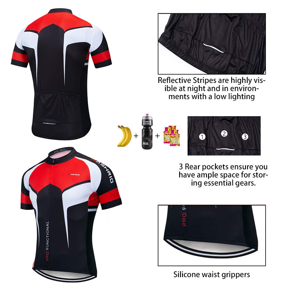 NASHRIO Men's Cycling Jersey Set Bicycle Short Sleeve Set Quick-Dry Breathable Shirt+3D Cushion Shorts Padded Pants/Bib Short Black