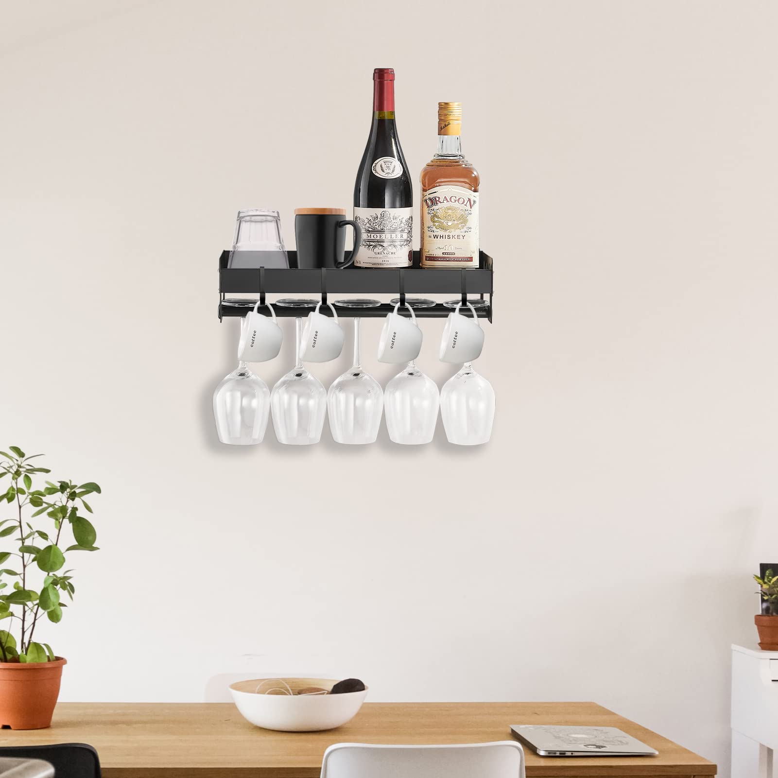 SIMVE Wine Rack Wall Mounted and Glass Holder Modern 15.7 Inch Bottle Floating Shelf with Stemware Hanger Metal Glassware Drying Storage Hanging Organizer for Home Bar Black