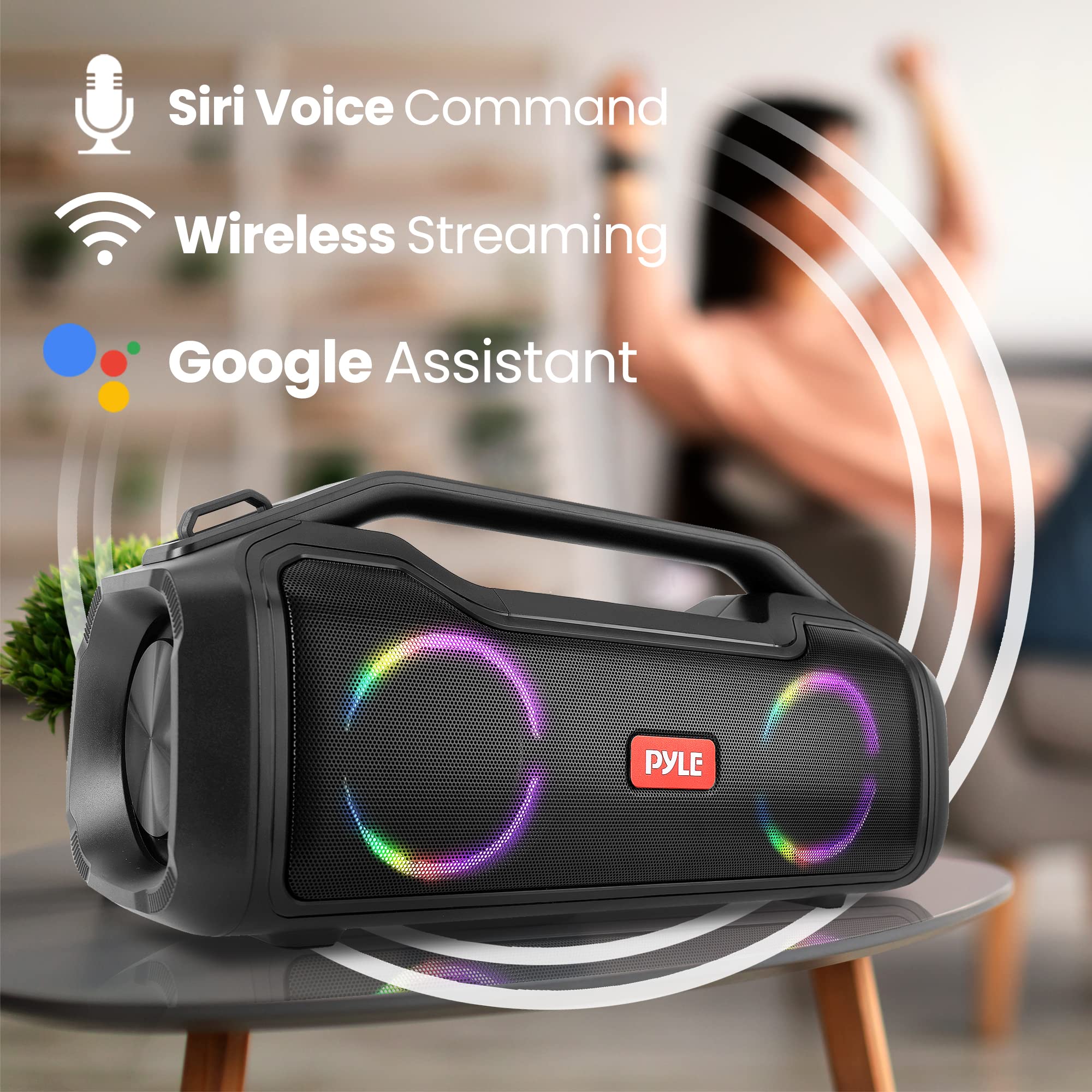 Pyle Wireless Portable Bluetooth Boombox Speaker - 40W 2Ch Waterproof Rechargeable Speaker Loud Stereo System w/ Google Assistant / Siri Voice Control, TWS Function, Micro SD, RGB Lights - PBMKRG155