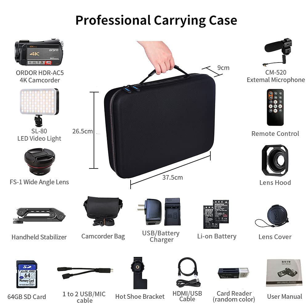 ORDRO 4K Video Camera Camcorder AC5 UHD Camcorder with 12x Optical Zoom 3.1" IPS HD 1080P 60FPS Digital WiFi Vlog Camera Camcorder with Microphone, Video Light, Wide Angle Lens and 64G SD Card