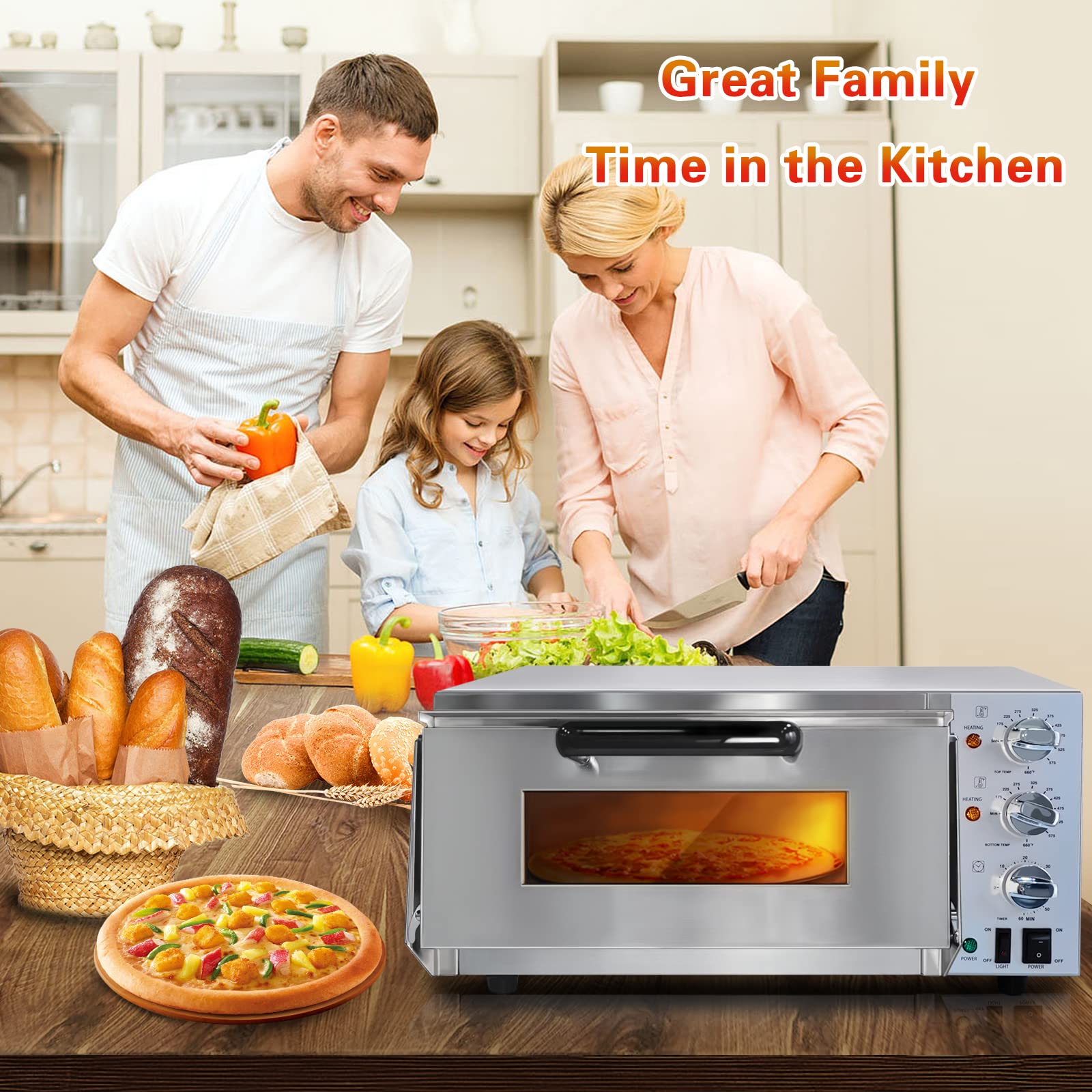 Pizza Oven Countertop Indoor 23'' Stainless Steel Commercial Pizza Oven Single Layer Deck Deluxe Pizza Maker Multipurpose Snack Oven for Restaurant Kitchen Home