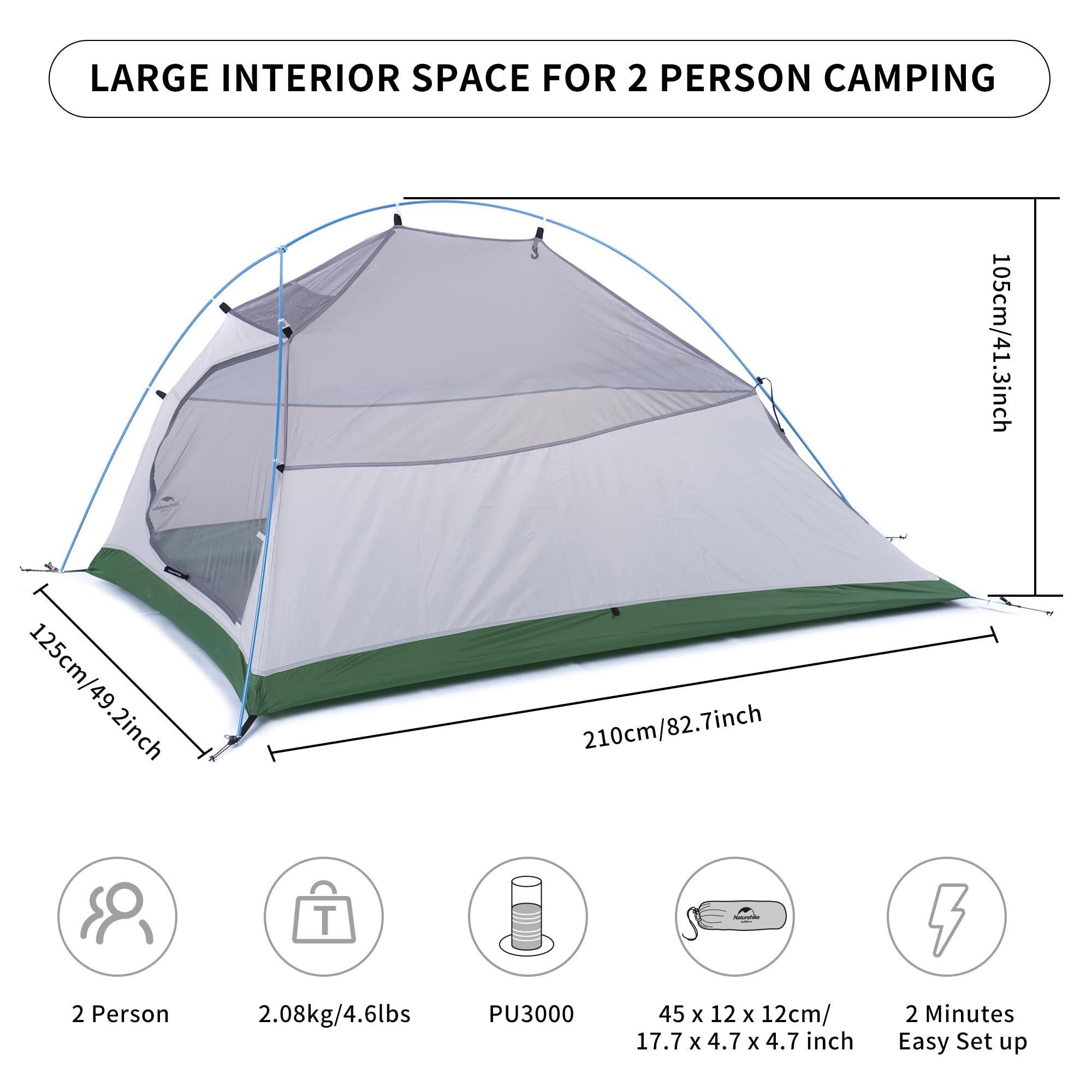 Naturehike Cloud-Up 2 Person Tent Lightweight Backpacking Tent with Footprint - Free Standing Ultralight Camping Hiking Backpack Tents Two Person Tent