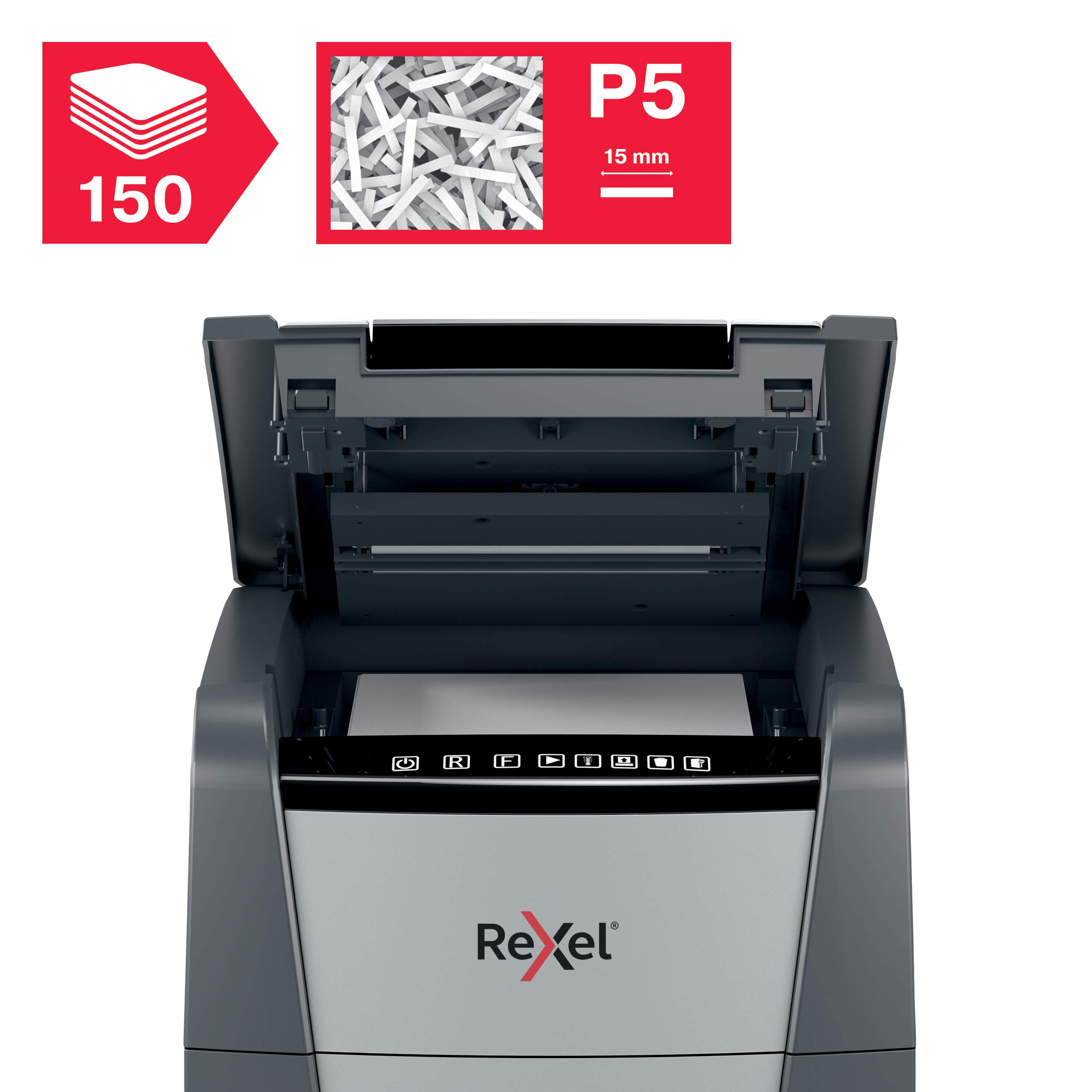 Rexel Optimum Auto Feed+ 150 Sheet Automatic Micro Cut Paper Shredder, P-5 Security, Small Office Use, 44 litre Removable Bin, 2020150M