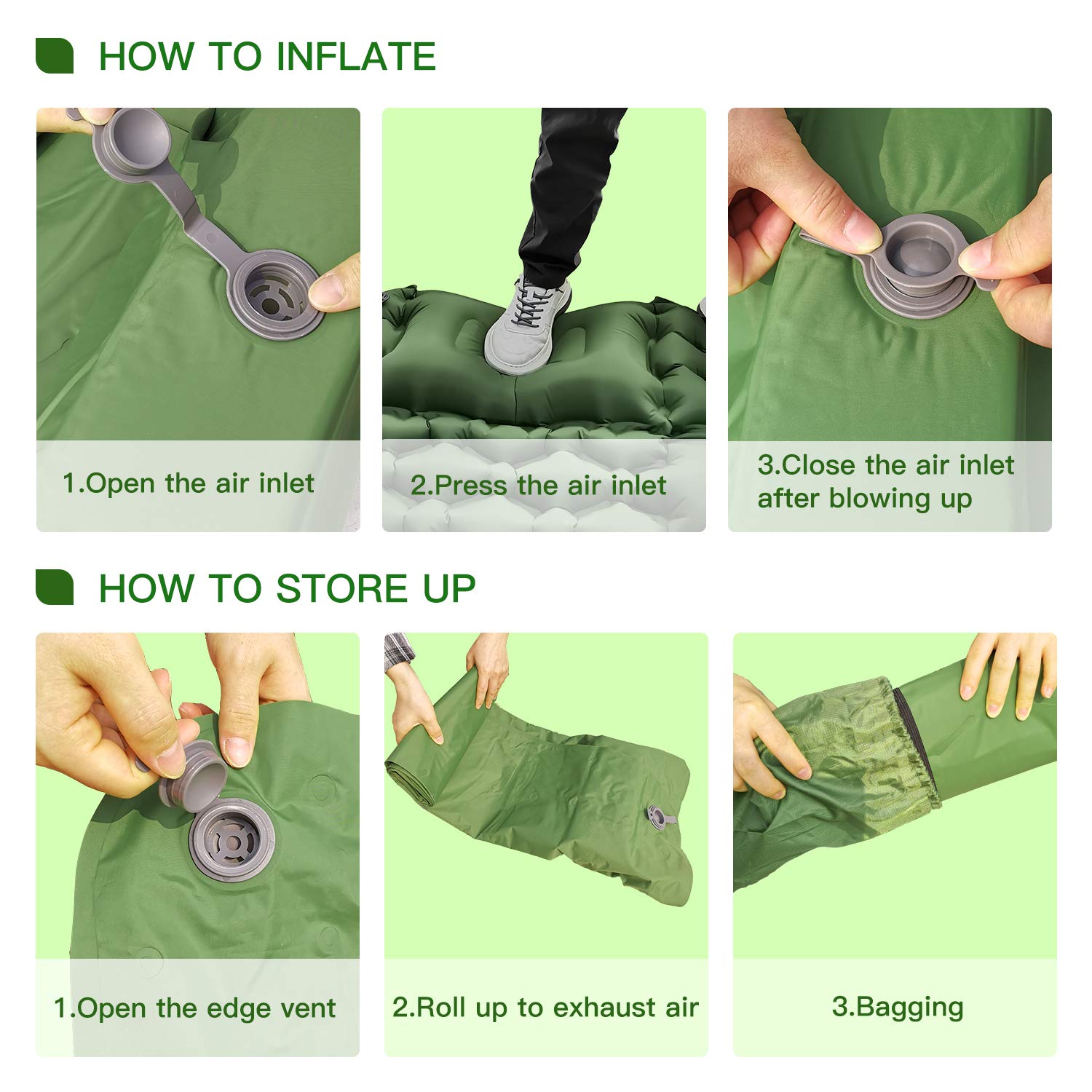Self-Inflating Sleeping Pad for Camping, Ultralight Sleeping Pads with Pillow for Backpacking,RV, Traveling, Hiking Air Mattress- Lightweight & Compact, Camping Sleeping Mat with Waterproof-Green