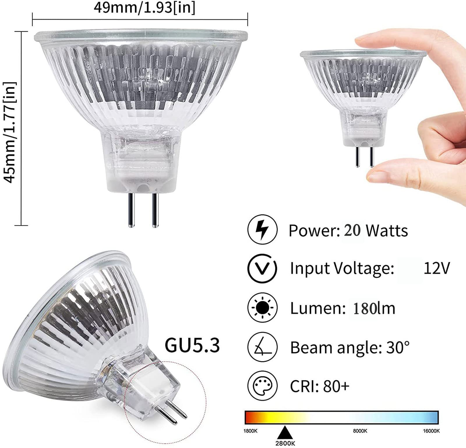 MR16 GU5.3 Halogen Light Bulbs (10 Pack) 20W 12V 3000k Warm White Spotlight Precision Halogen Reflector Fiber Optic Light Bulb 12V 20W for Landscape Light,School,Family,Tunnel Light