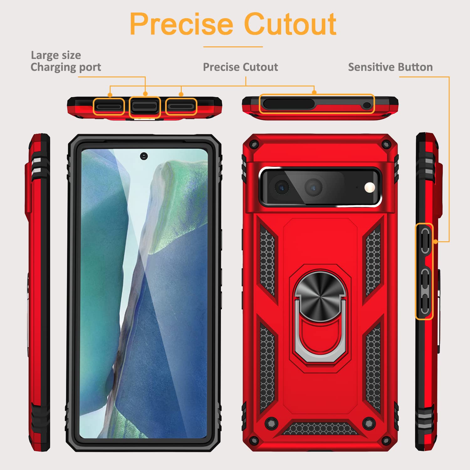 Muntinfe for Google Pixel 7 Case with Tempered Glass Screen Protector [2 Pack], Military-Grade Armor Shockproof Protective Phone Case Cover with Ring Magnetic Kickstand for Pixel 7, Red