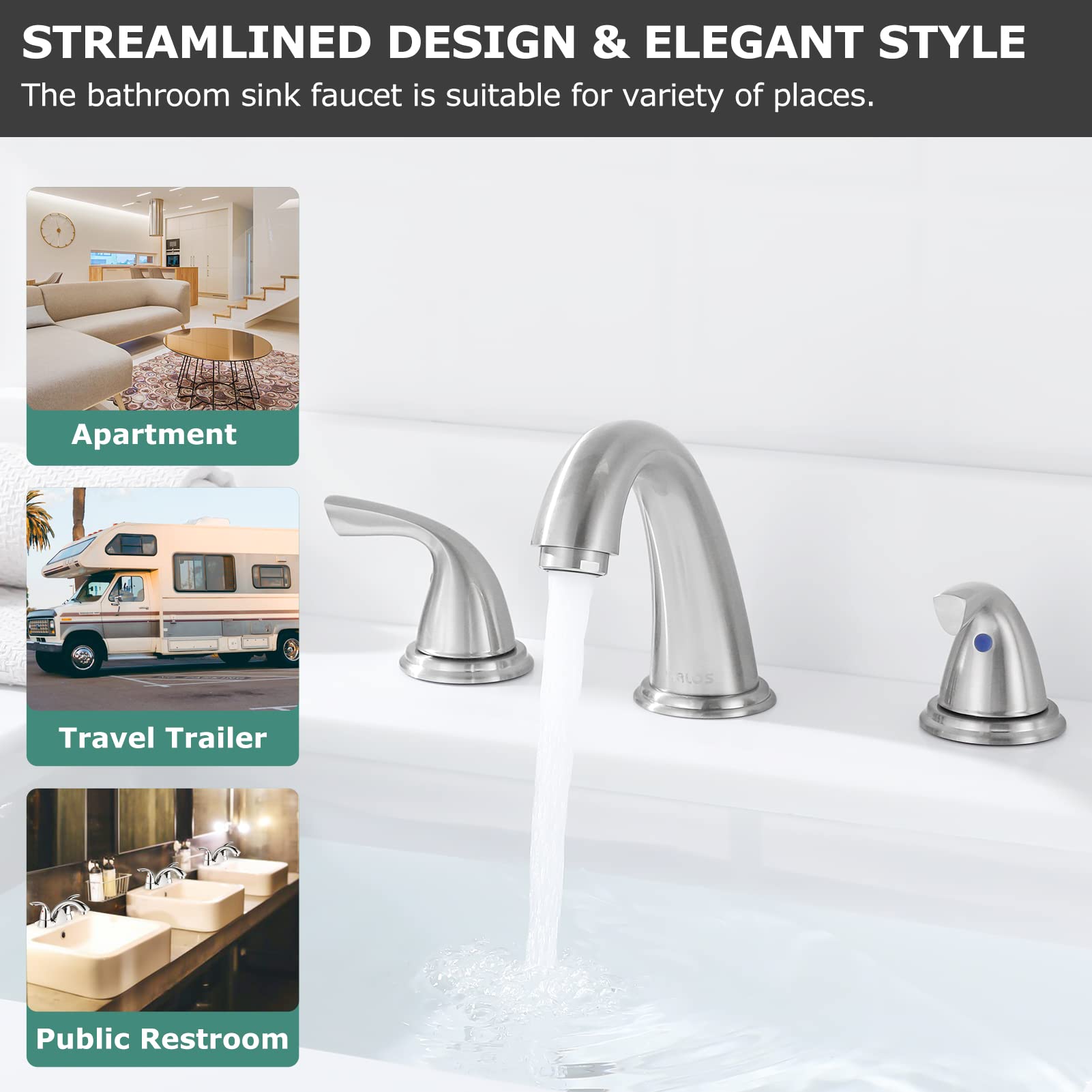 PARLOS 2 Handles Bathroom Sink Faucet 8 inch Widespread 3 Hole Deck Mount Lavatory Vanity Faucet, Brushed Nickel, 1435002D