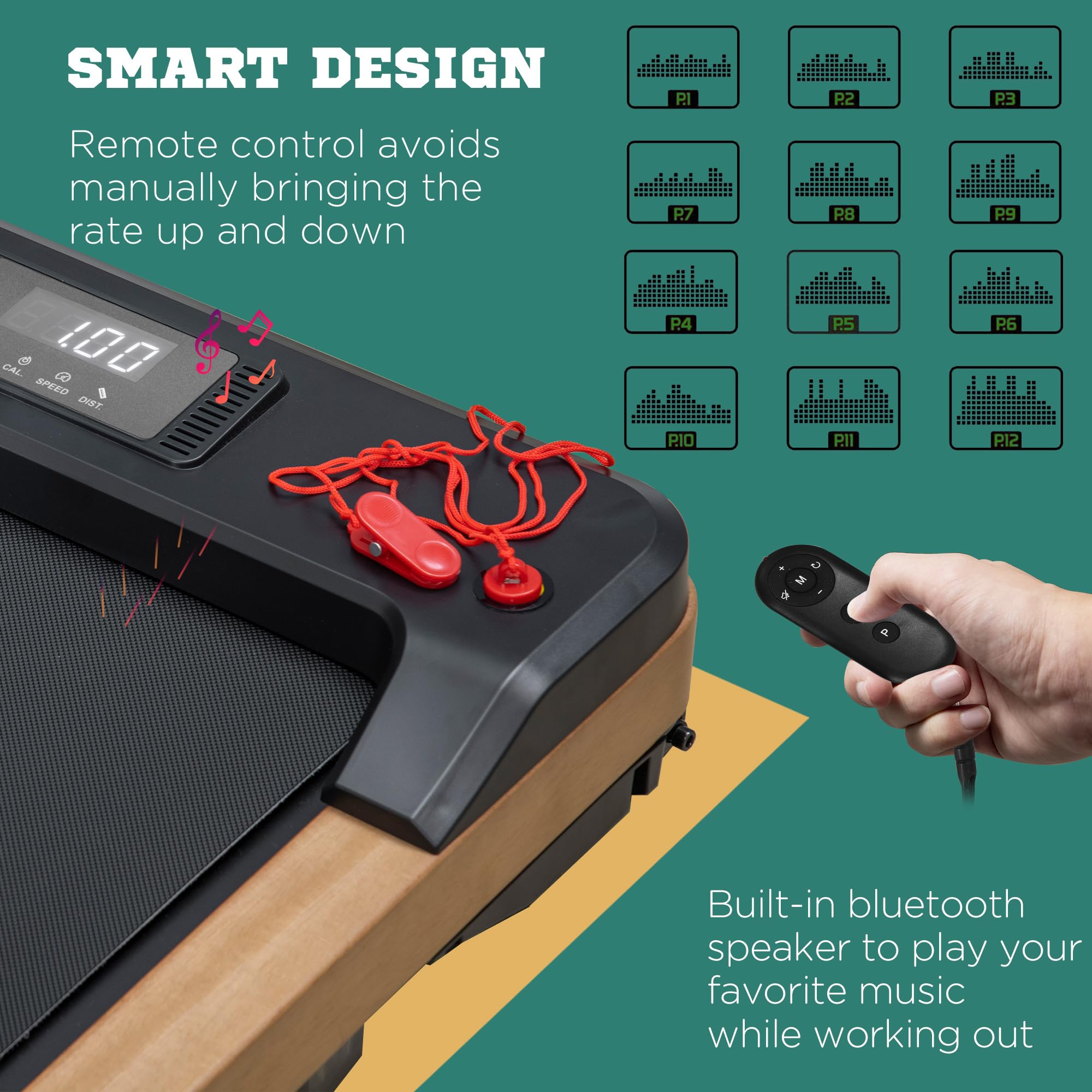 Soozier Wood Walking Pad, Smart Under Desk Treadmill, Walking Jogging Machine with Blue Tooth Speaker, Remote Control, 12 Pre-Programs, Transport Wheels and LED Display for Home Gym Office
