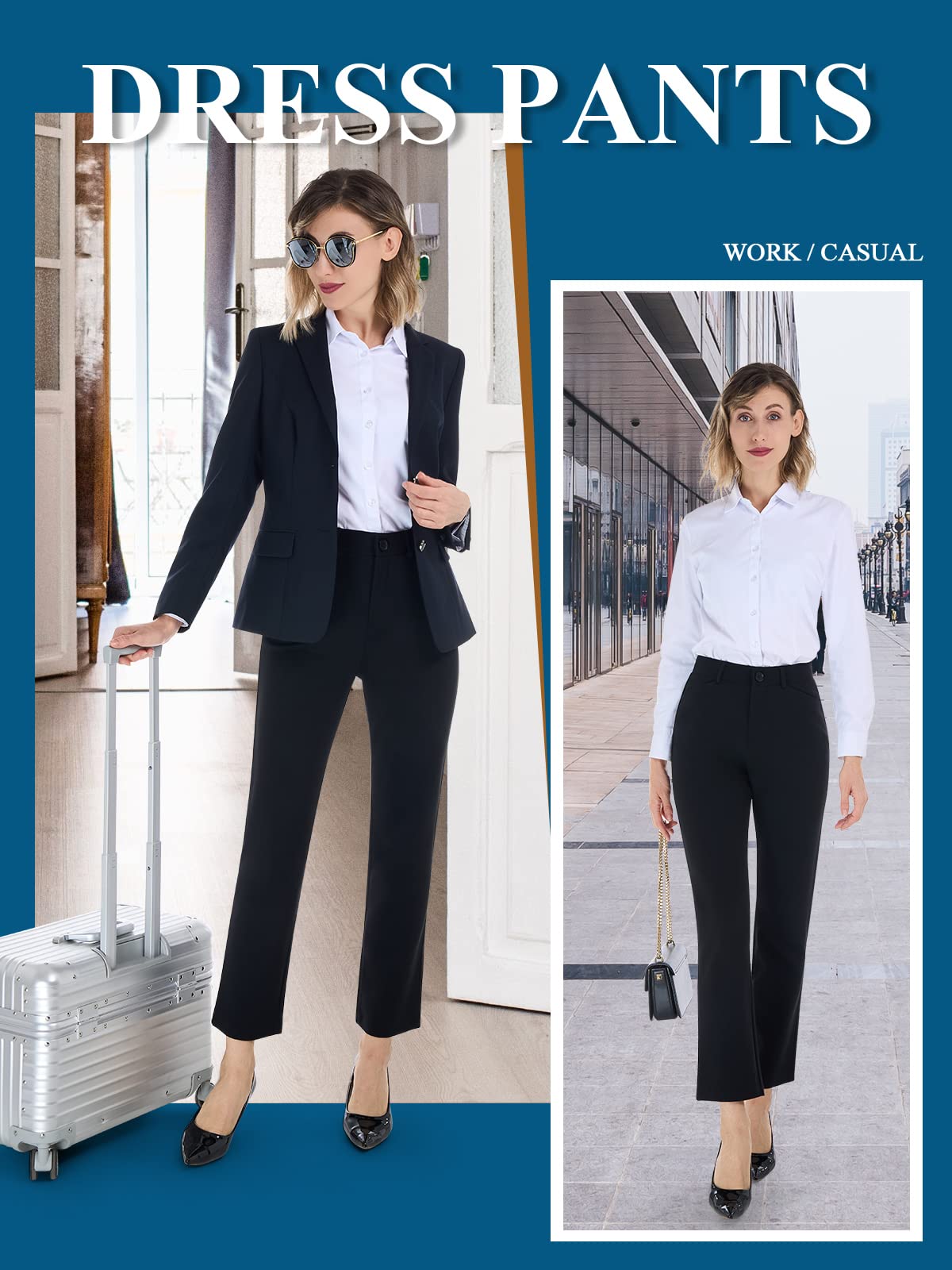 Women's Dress Pants Stretchy Work Pants Work Slacks Business Casual Relaxed Fit Straight Leg Bootcut Pull on Trousers with Pockets