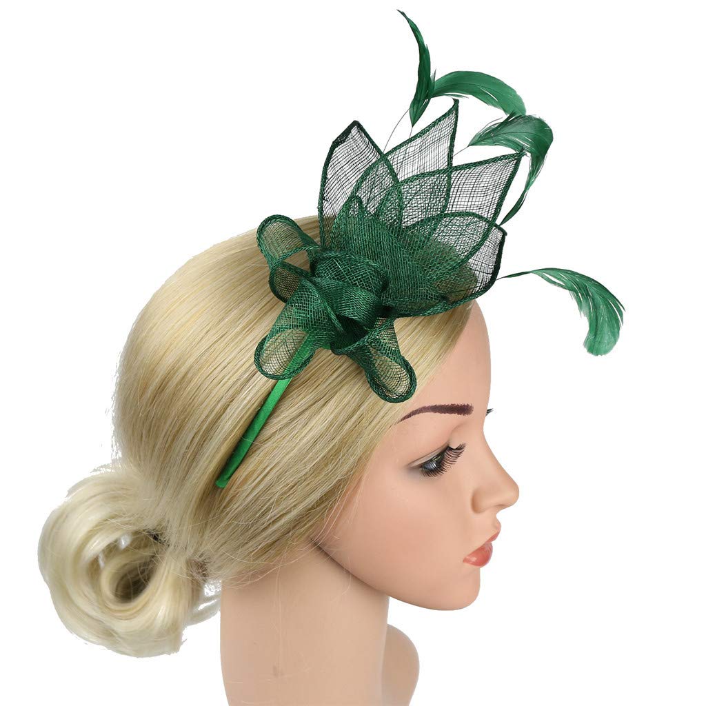Women's Elegant Hat Strap Flower Feather Party Hat Hair Clip Headband Accessory Bride Sweatband (Green, One Size), 1 Count