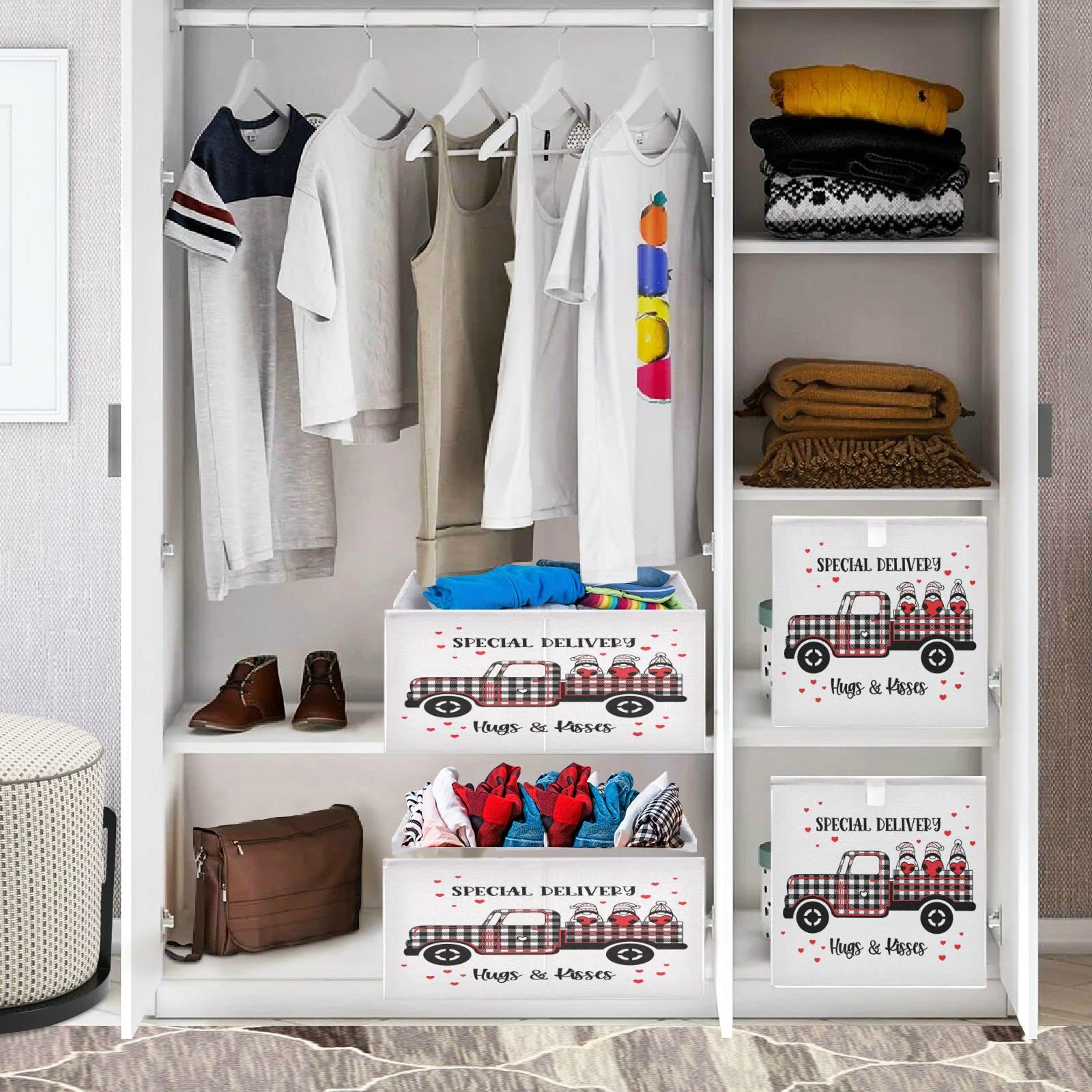 Yasala Storage Cube with Handle Plaid Valentine Gnomes Foldable Closet Baskets Toy Storage Bins Shelf Baskets Containers Open Laundry Baskets Nursery Baskets