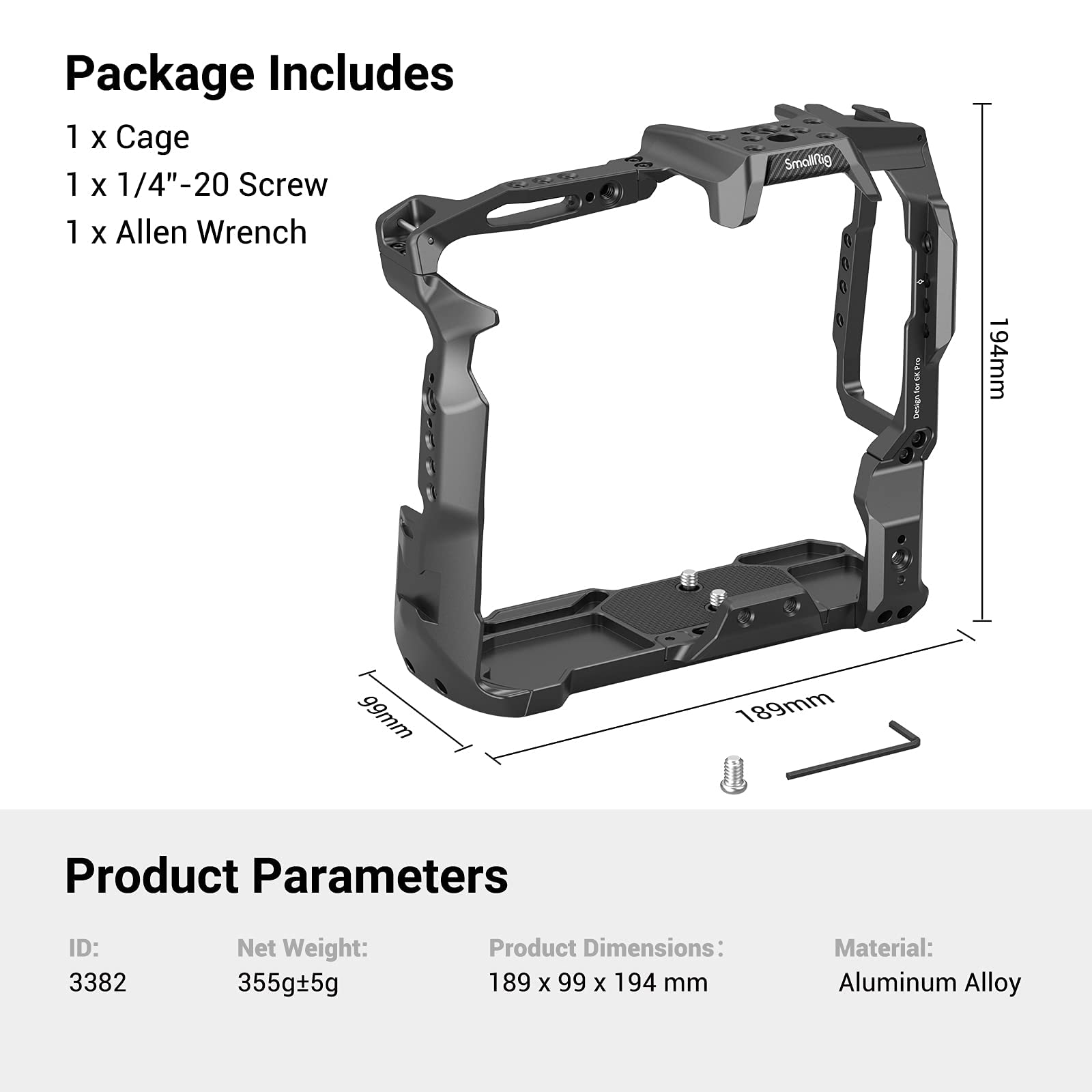 SmallRig Battery Grip Compatible Cage Only for BMPCC 6K Pro / 6K G2, Comes with Built-in NATO Rail & Locating Holes for ARRI and Cold Shoe Mount - 3382