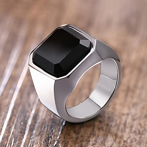 MEALGUET Jewelry Fashion Stainless Steel Signet Ring with Black Agate for Men, Size 10