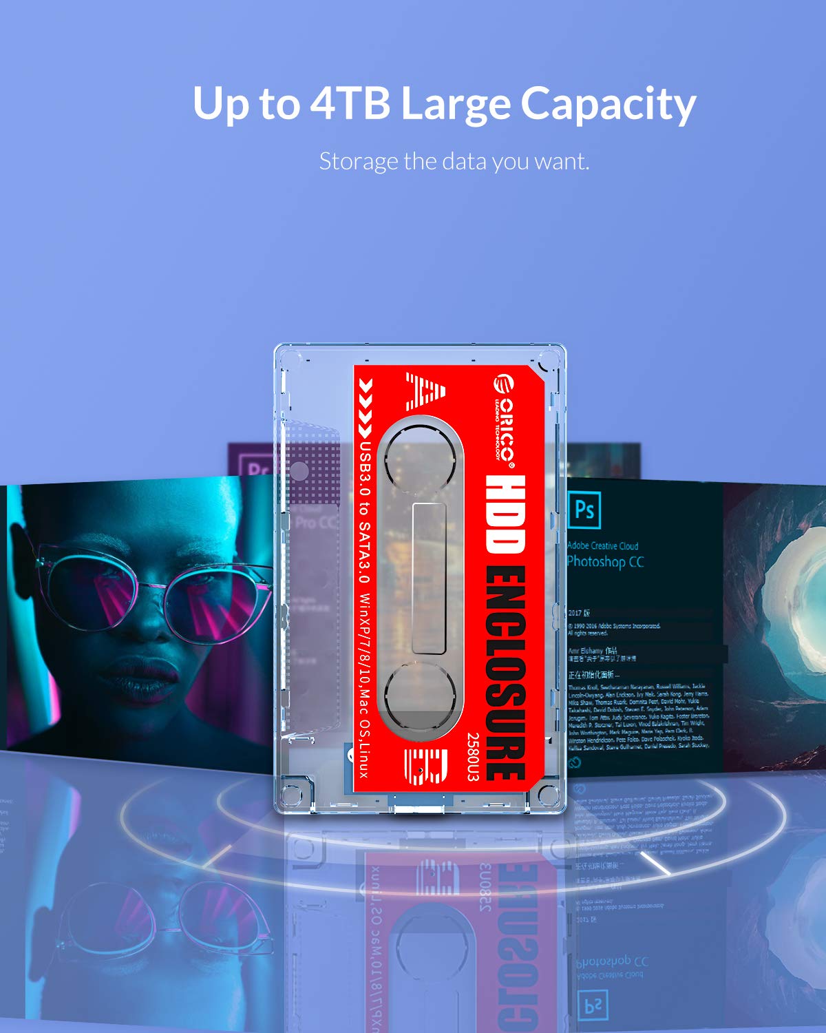 ORICO 2.5'' External Hard Drive Enclosure USB3.0 to SATA Transparent Computer HDD Enclosure for 7/9.5mm HDD SSD, Portable Hard Drive Case with UASP Max 4TB Compatible with Xbox,PS4, Samsung,WD,Seagate