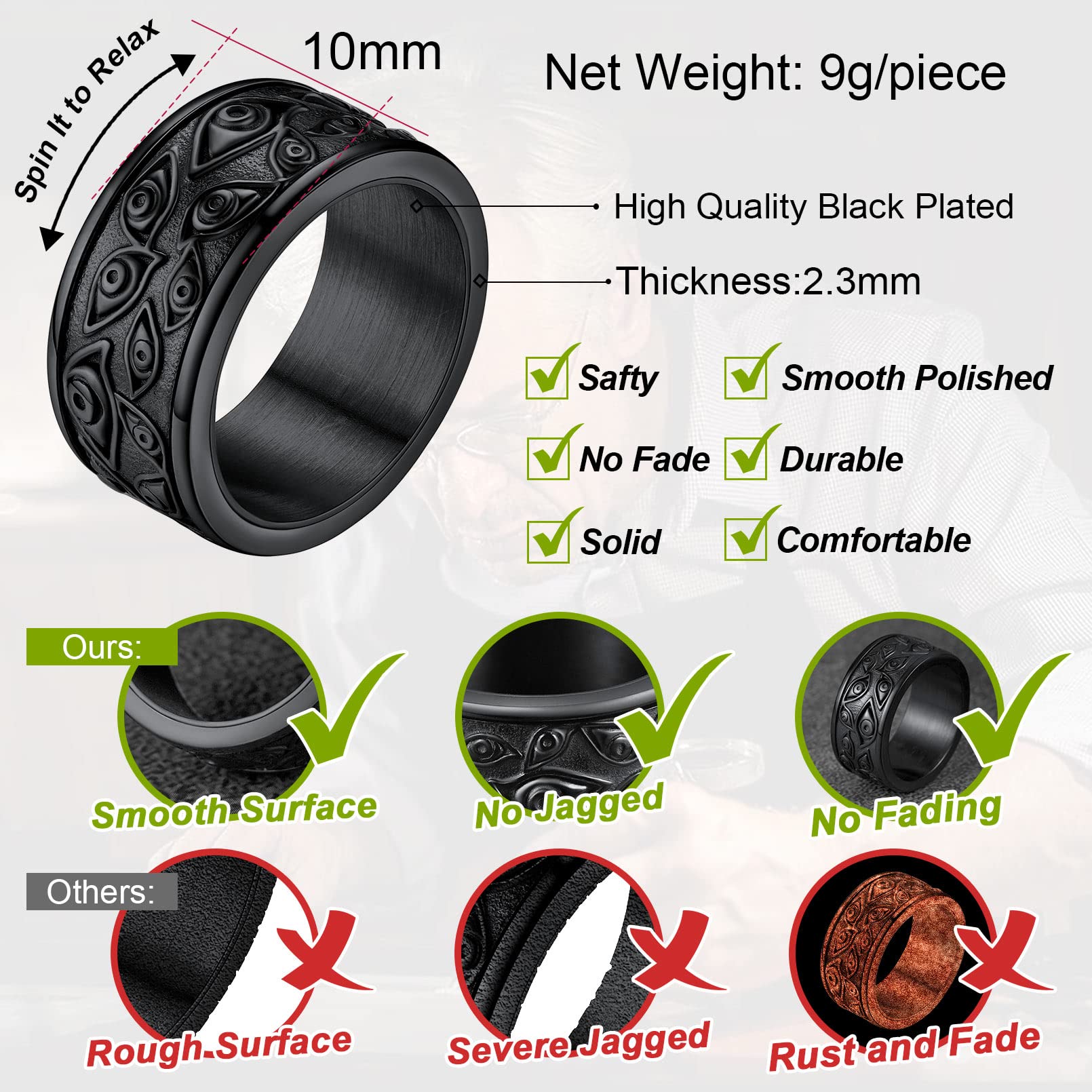 Personalized Custom Antique Eye of God Band Thumb Rings, Black Punk Pinky Ring for Male, Women Spinner Stackable Finger Acccessories