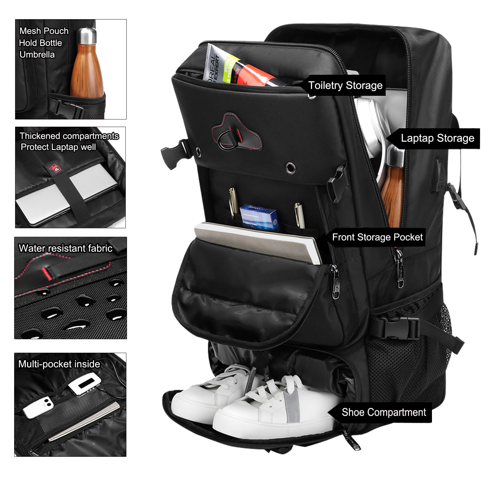 ODSSTAIPS Backpack for Traveling on Airplane,17 inch Laptop Backpack for Men,Waterproof Carry on Backpack Flight Approved,70L Travel Backpack for Personal Item Size with Shoe Compartment,Black