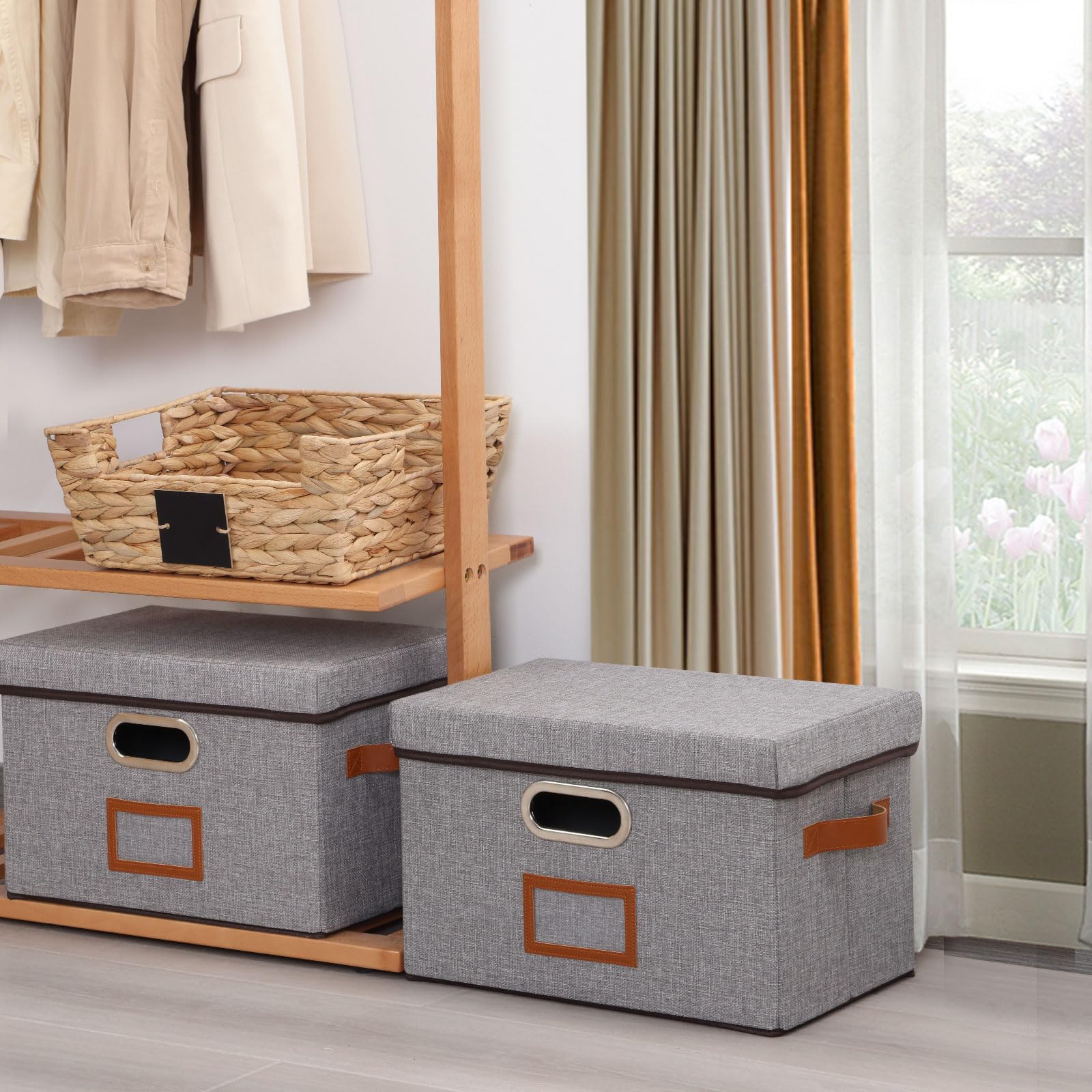 OUTBROS 4-Pack Large Collapsible Storage Bins with Lids, Foldable Fabric Storage Boxes Organizer Containers Baskets Cube with Label Window, for Home Bedroom Office, 13 * 9 * 7.9in Gray