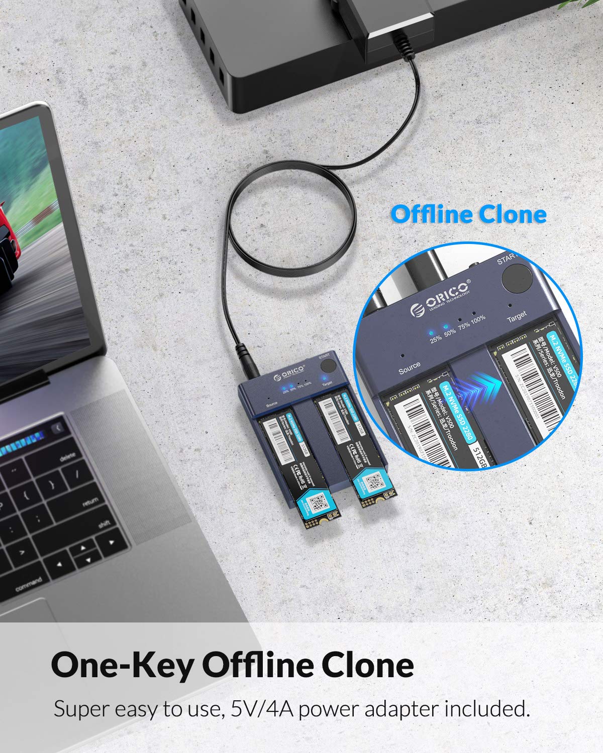 ORICO M.2 NVMe Cloner Dual-Bay NVMe Docking Station USB C to NVMe SSD Enclosure Aluminum M.2 Duplicator Offline Clone for PCIe M-Key SSDs max to 8TB Tool Free-M2P2