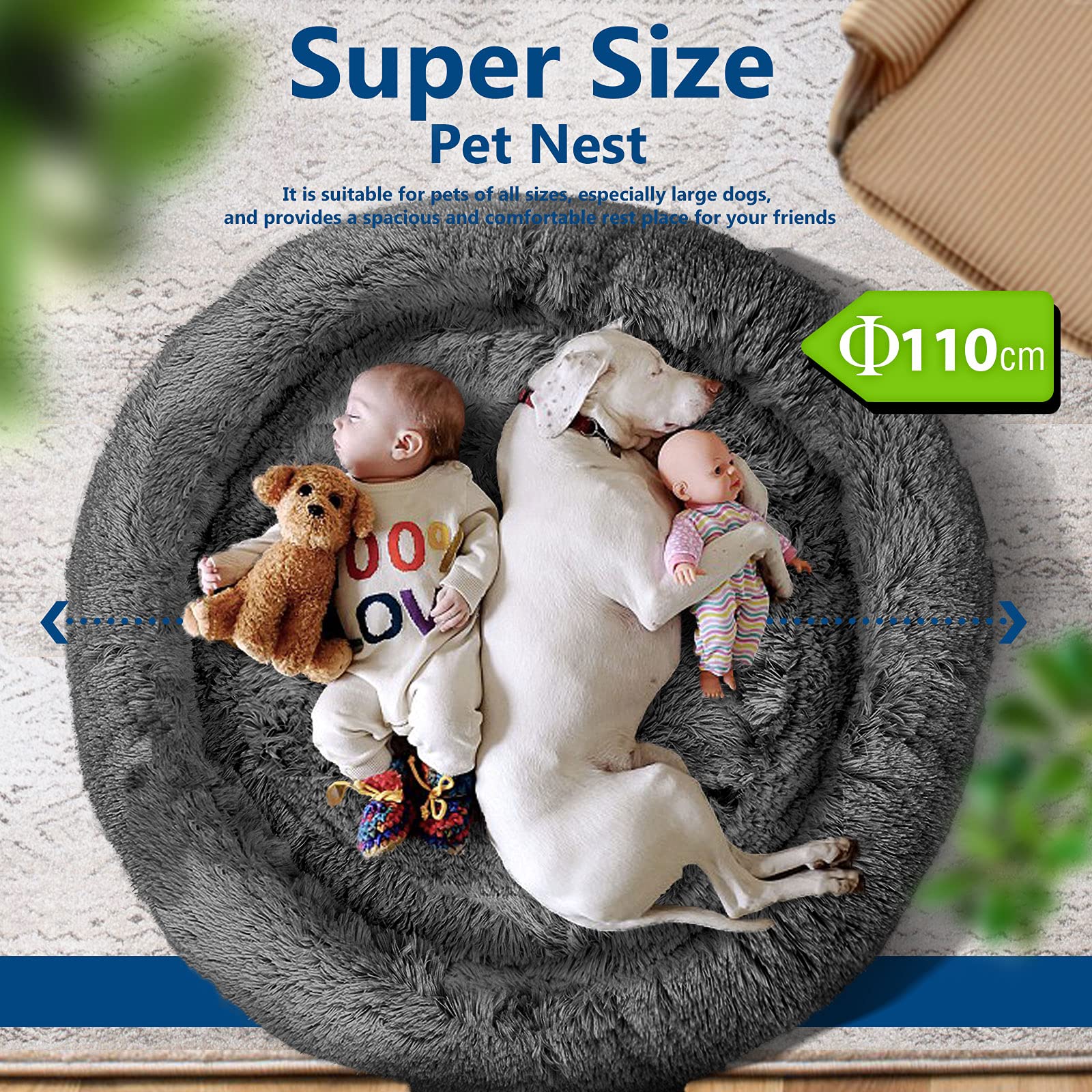 Souarts 43 Inch Super Large Dog Bed, Super Soft Fluffy Plush Pet Bed for Large Medium Dog Cat, Removable Machine Washable Long Plush Round Bed (Dark Grey,43inch/110cm)