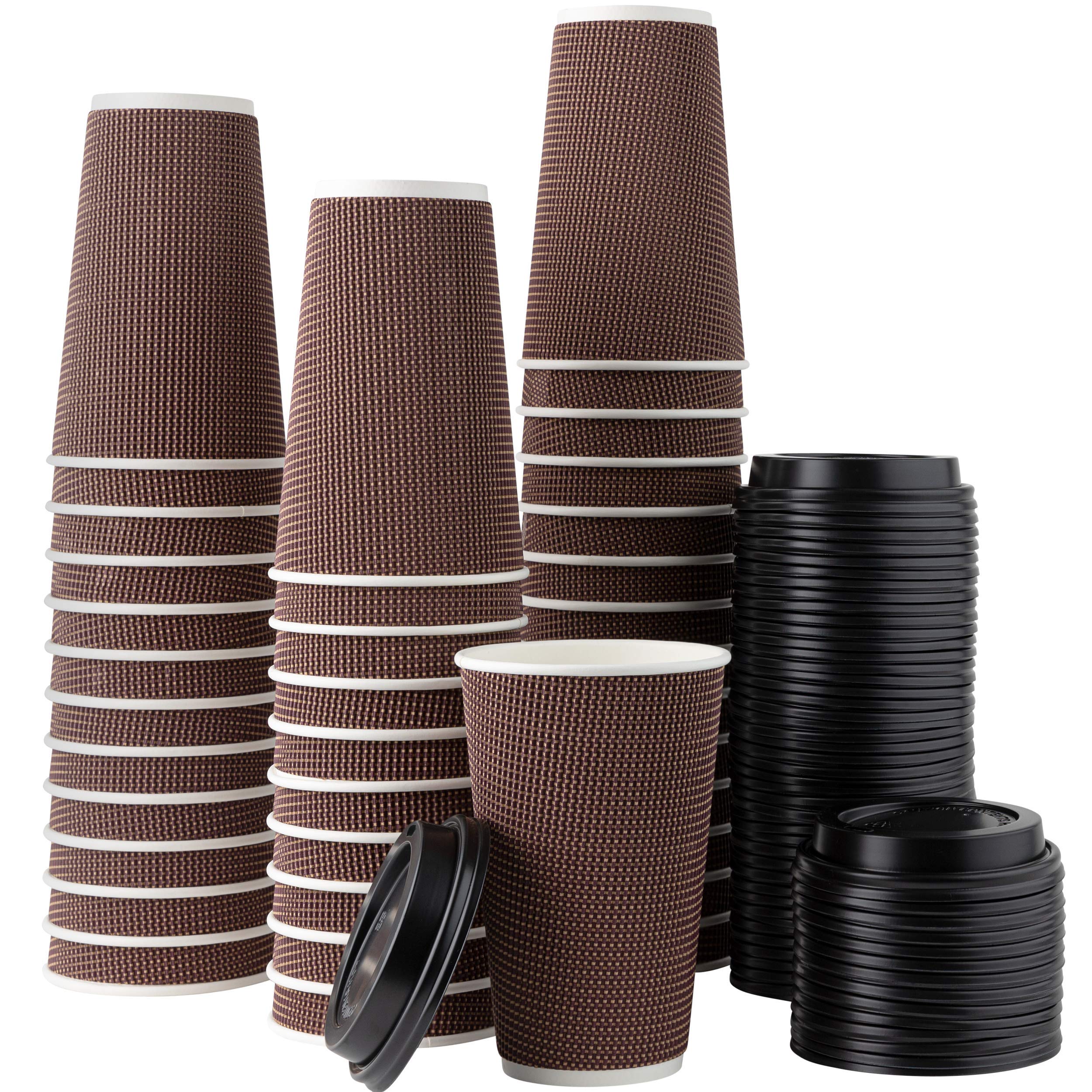 PLASTICPRO 40 Sets - 16 oz. Insulated Rippled Double Wall Paper Hot Coffee Cups With Lids, Brown
