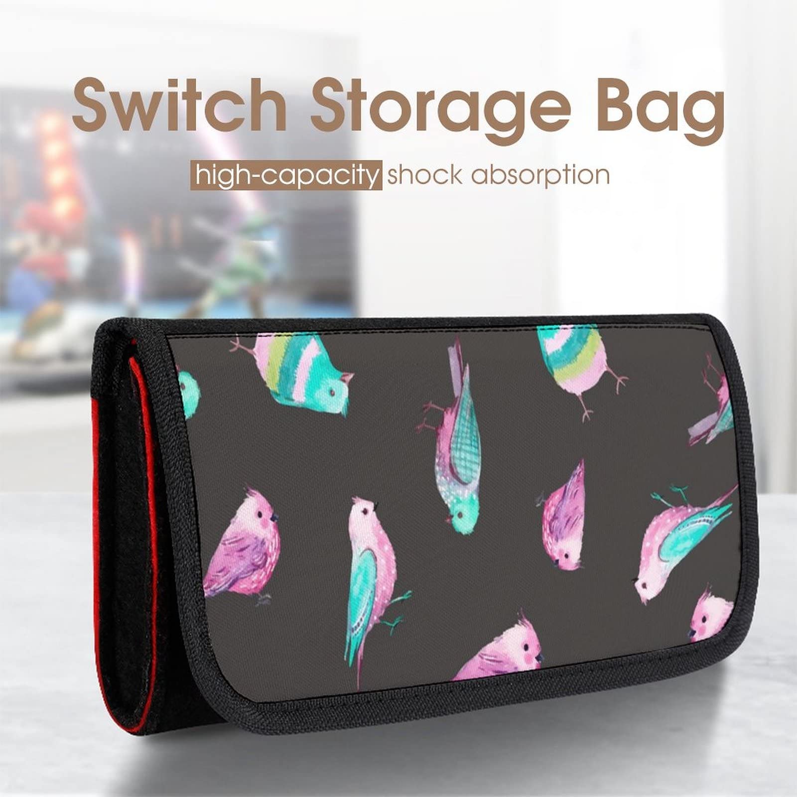 Watercolor Bird Pattern Carrying Bag Compatible with Switch Protective Case Slim Felt Pouch with 5 Game Cartridges Holders