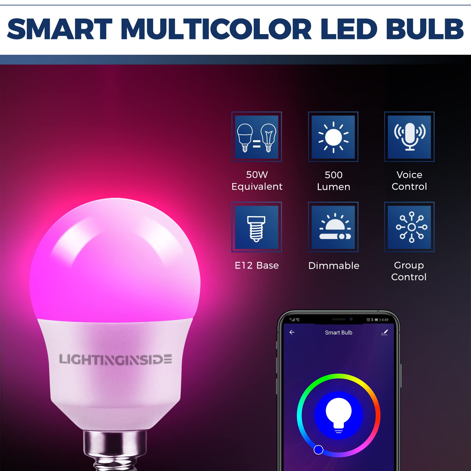 Smart Light Bulbs, WiFi G16.5 Globe Shape E12 LED Bulbs, 50 Watt Equivalent, 5W 500lm, 2700-6500K+RGB, Ceiling Fan/Candelabra/Chandelier Small Light Bulbs, 6PCS