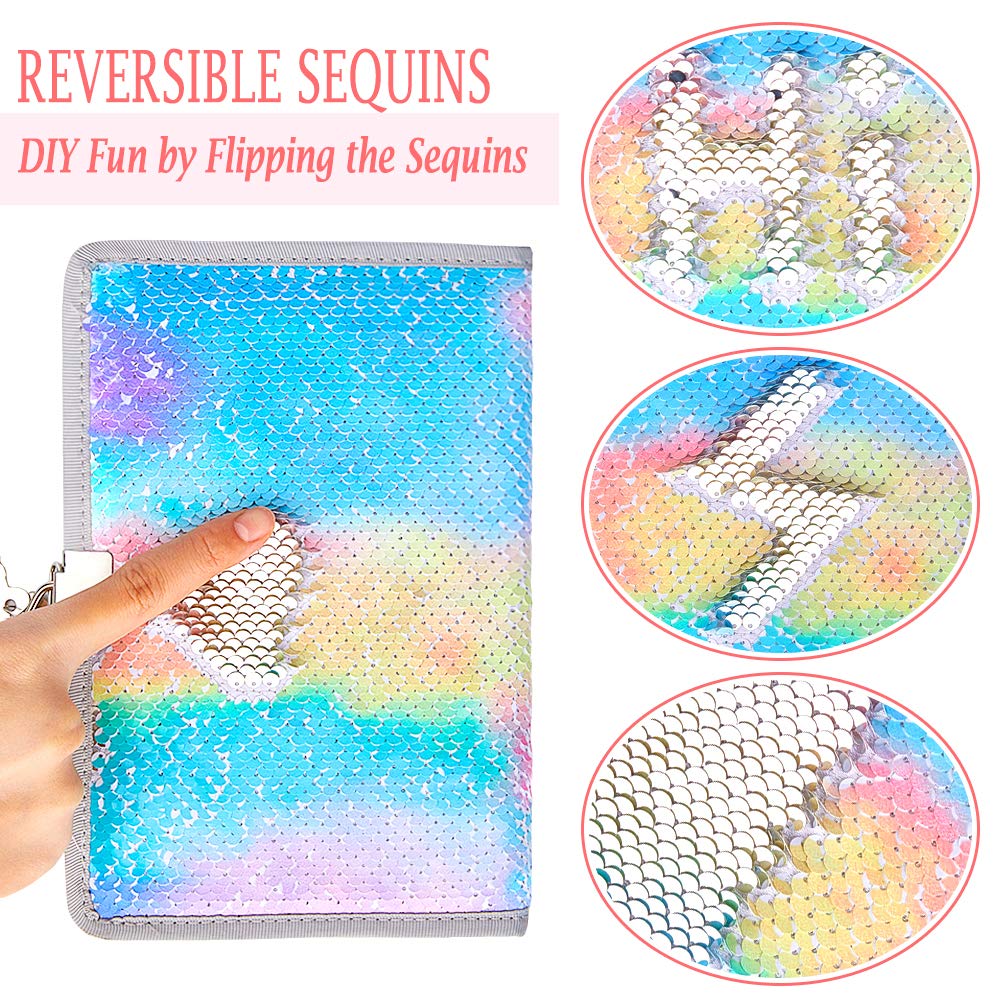 MHJY Sequin Unicorn Journal Secret Diary with Lock,Reversible Mermaid Sequin Notebook Private Journal Magic Unicorn Notebook Gifts for Girls