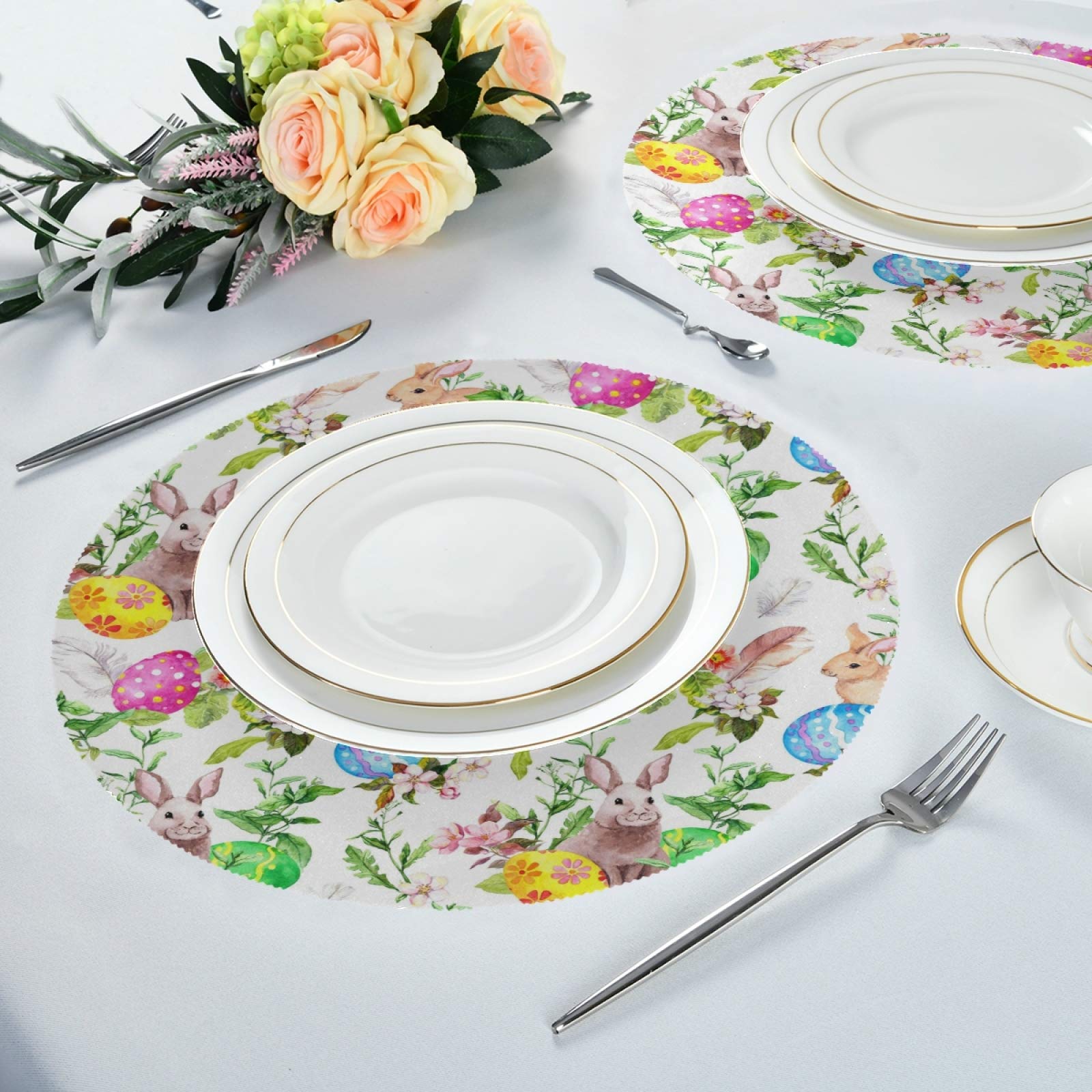 senya Easter Bunny Colored Eggs Round Placemats Set of 6 for Dining Table Heat Insulation Non-Slip Washable Place mats