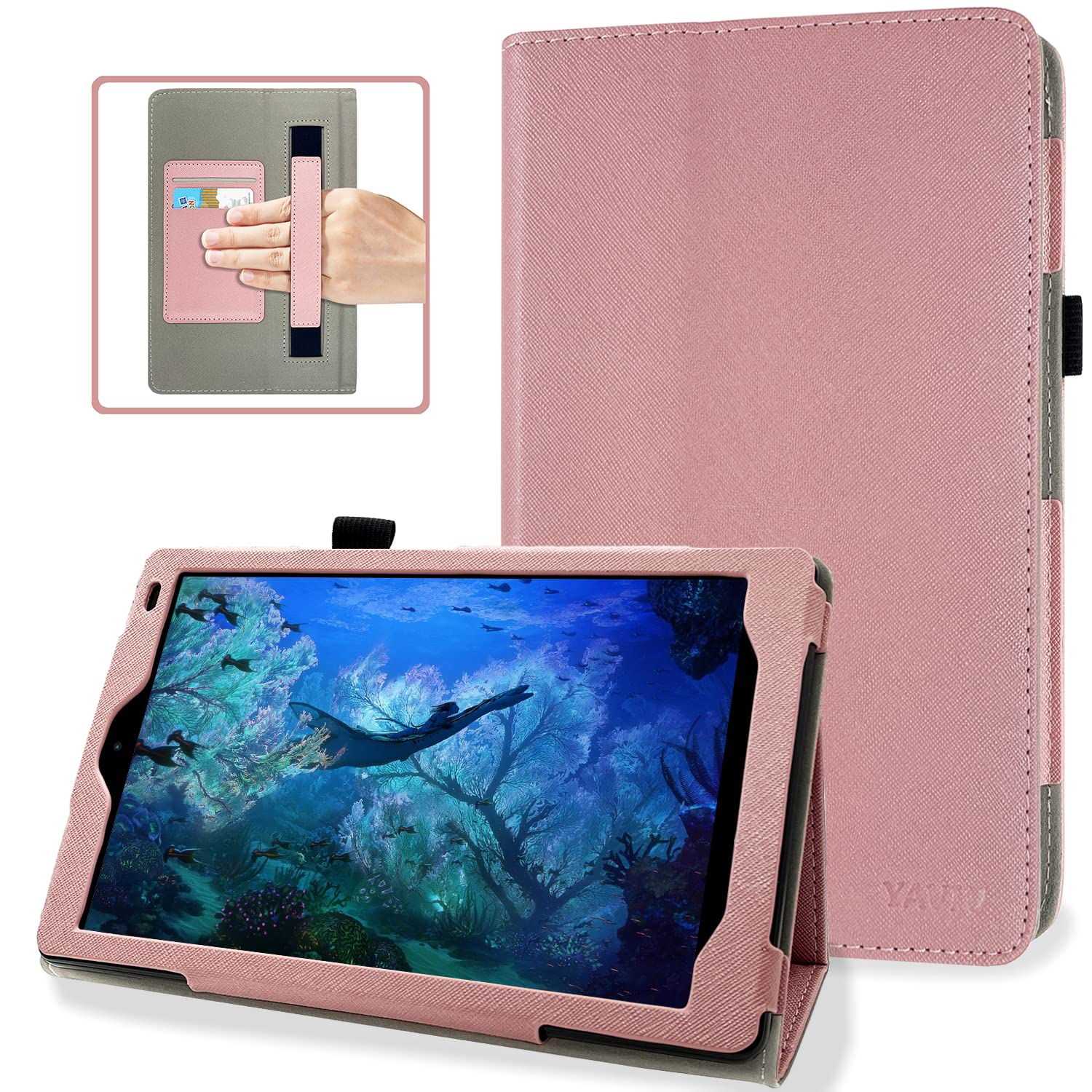 YAVIV Case for Moxee Tablet 2 8 Inch (Model: MT-T8B22) 2022 Release, Premium PU Leather Cover with Auto Sleep Wake, Hand Strap (AA-Rose Golld)