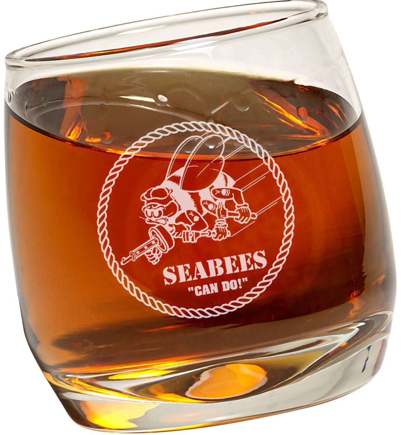 Seabees Whiskey Glasses (Set of 2) – Rounded Bottom, Rocks/Rotates Seabees Engraved Glass - Gifts for Whiskey Lovers - Seabees Present for Retirement, Graduation, Birthday – Seabees Home Décor