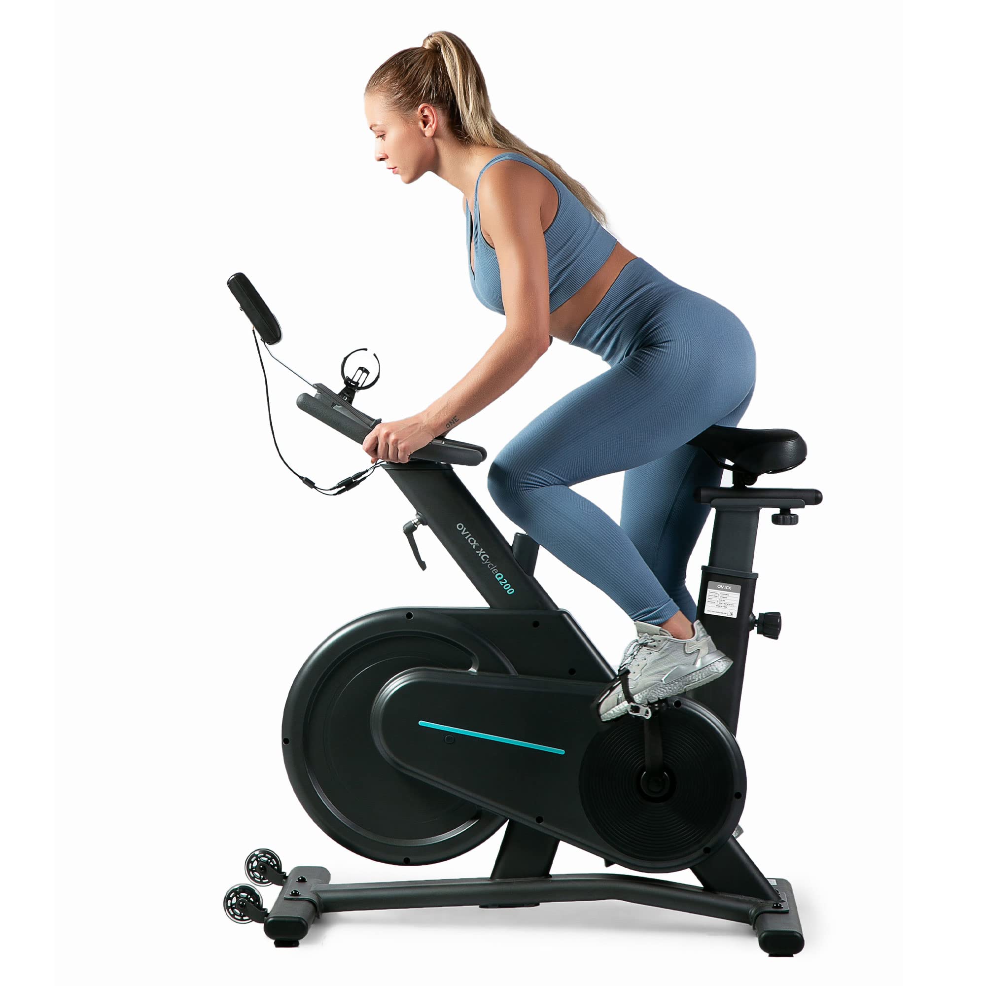 OVICX Q200C Comfortable Home Workout Exercise Bike with Customizable Seat & Bullhorn Handlebars, Digital LCD w/Real Time Stats, & No Slip Cage Pedals Black