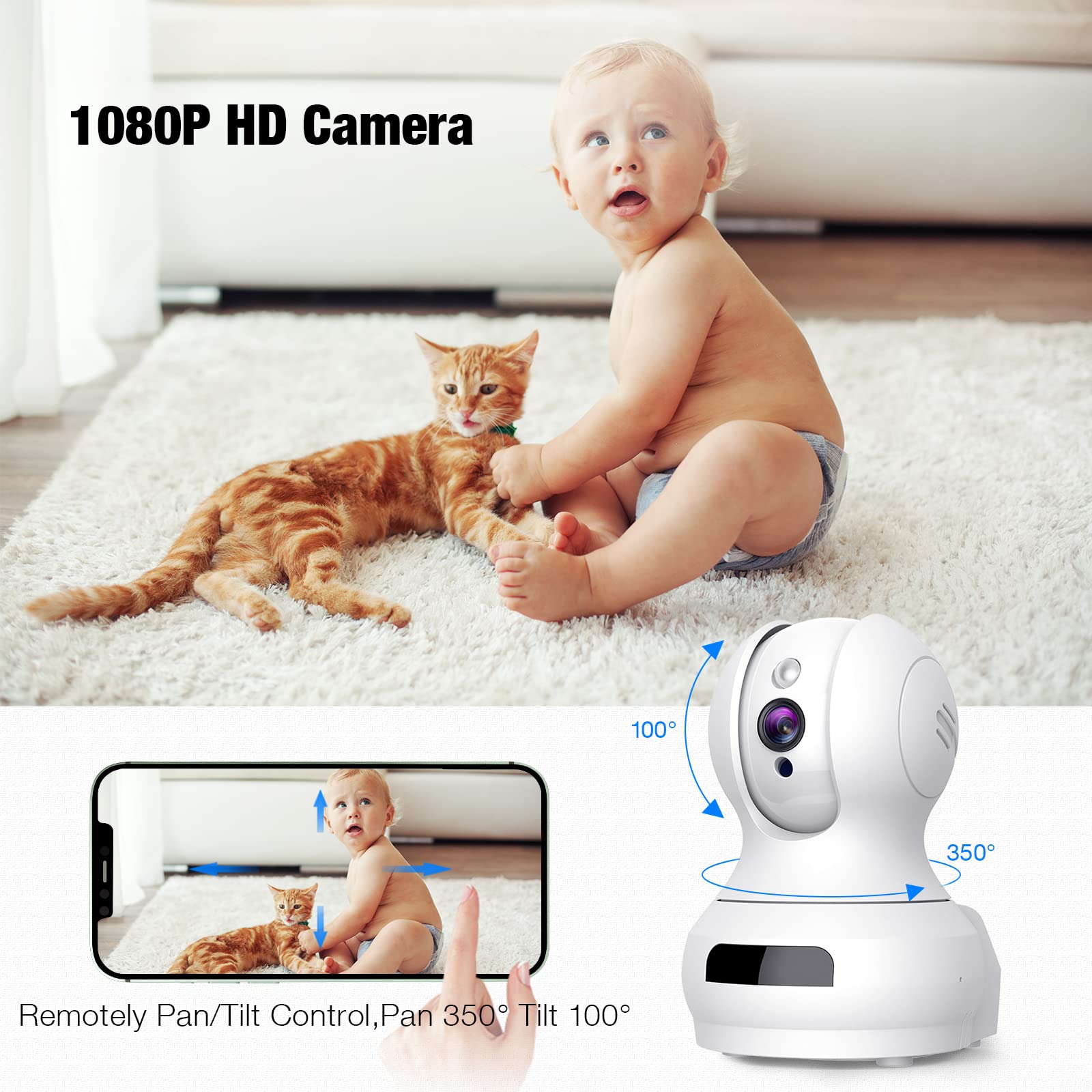 Pet Camera, Indoor Camera with Pan Tilt Zoom, WiFi Camera Indoor with Remote Viewing, Baby Monitor with Camera and Audio, Night Vision, Motion Detection, 2-Way Audio, SD Card/Cloud Storage