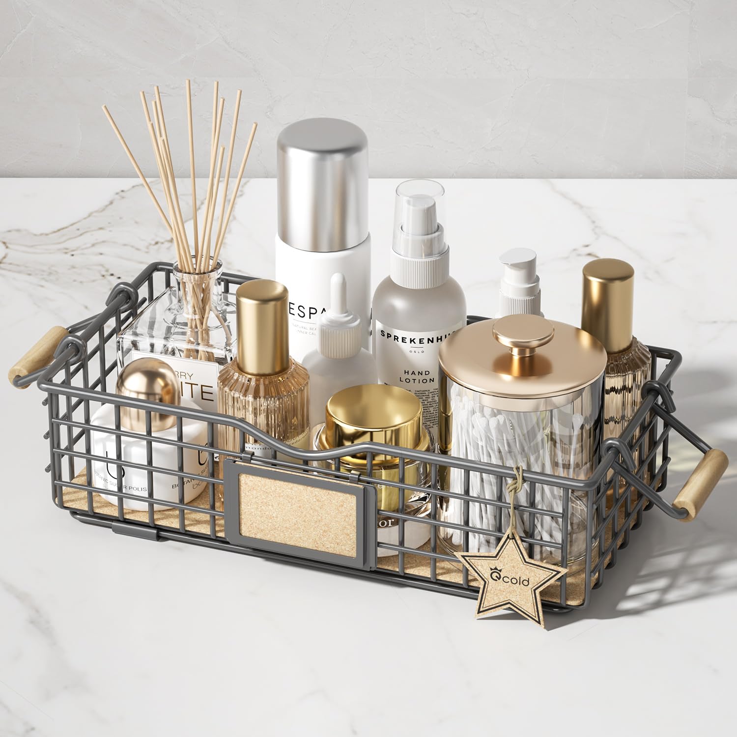 Qcold Bathroom Organizer Basket, Bathroom Counter Organizer - Small Metal Basket - Bathroom Counter Organizers and Storage with Handles, Wire Baskets for Organizing Farmhouse Decor - Gray