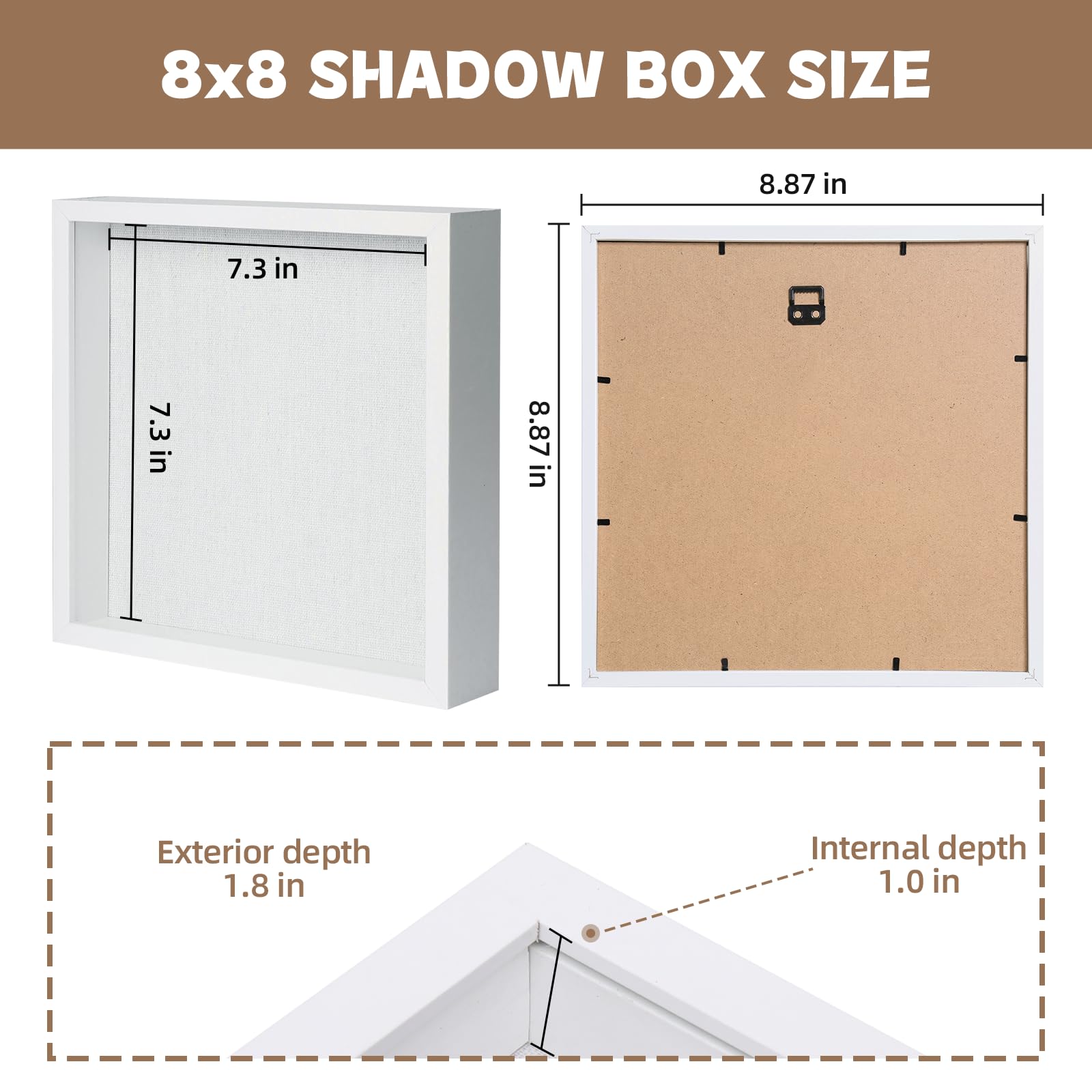 Muzilife Shadow Box Picture Frame with Linen Board Deep Wood Glass Display Case Ready to Hang Memory Box Baby Sports Memorabilia, Pins, Awards, Medals, Wedding, Tickets and Photos (White, 2pcs 8X8)