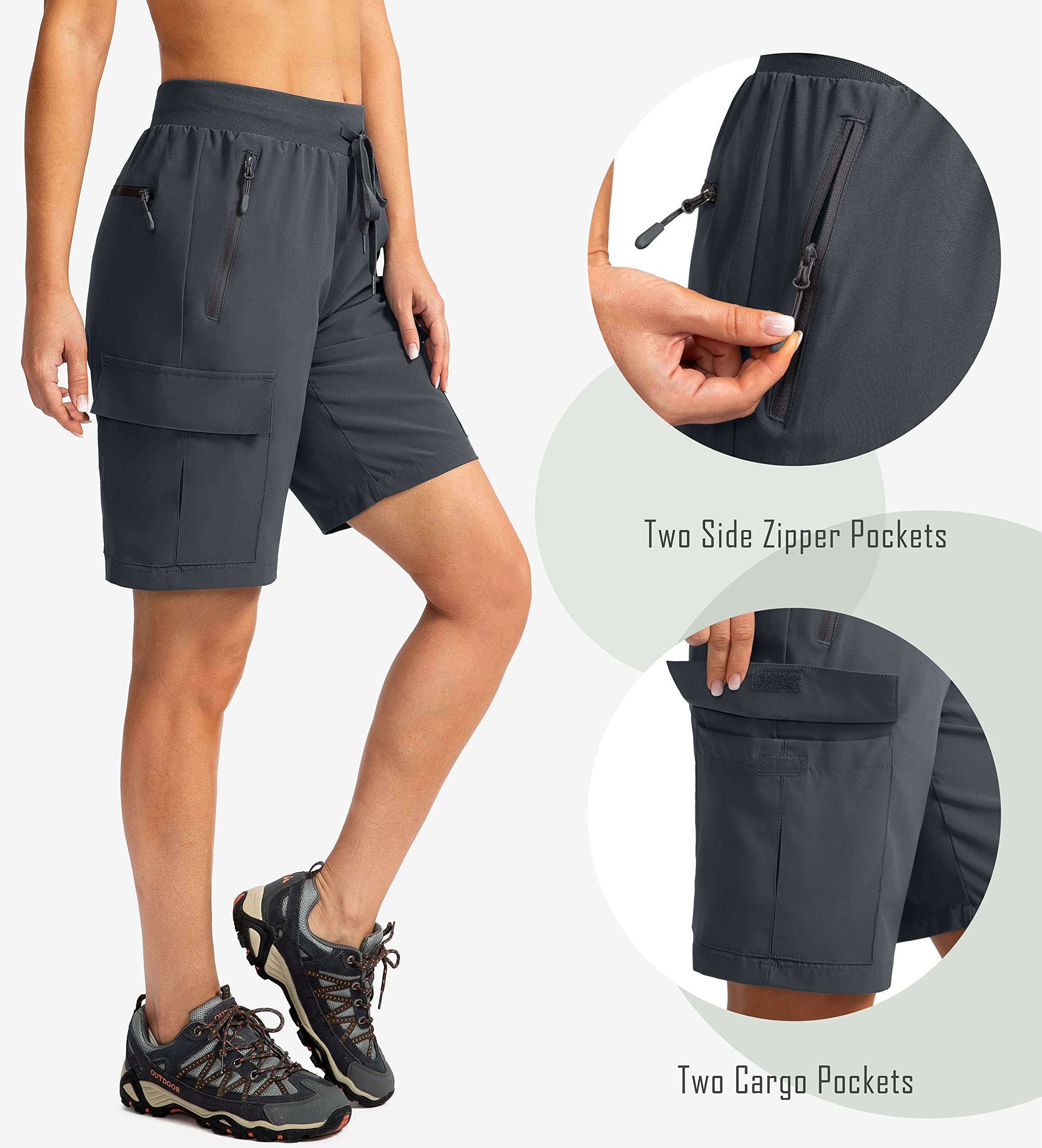 Soothfeel Women's 9" Hiking Cargo Shorts with 5 Pockets Quick Dry Summer Athletic Golf Bermuda Long Shorts for Women Casual (Deep Grey, 3XL)