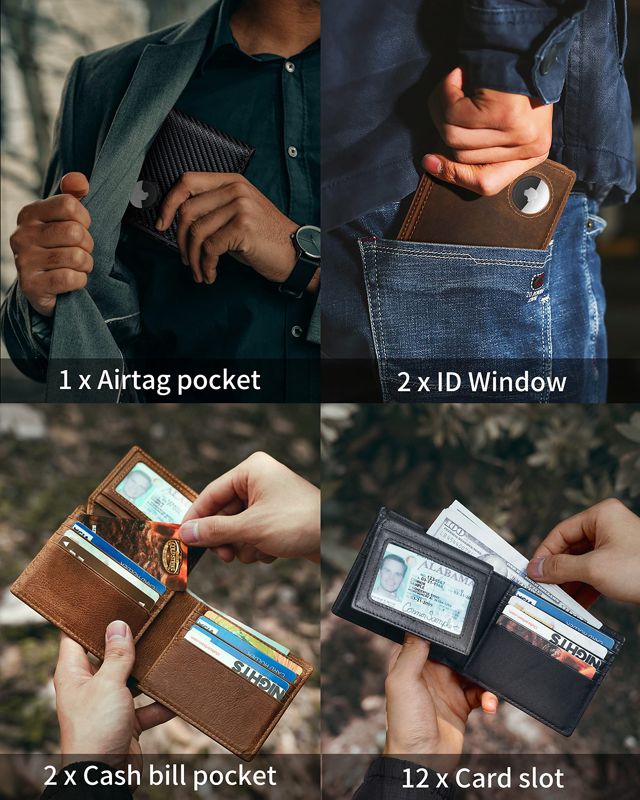 Mens Wallet With AirTag Holder, Bifold Leather RFID Blocking 2 ID Windows 12 Card Holders, Gift Box and Screen Protector Included, AirTag Not Included
