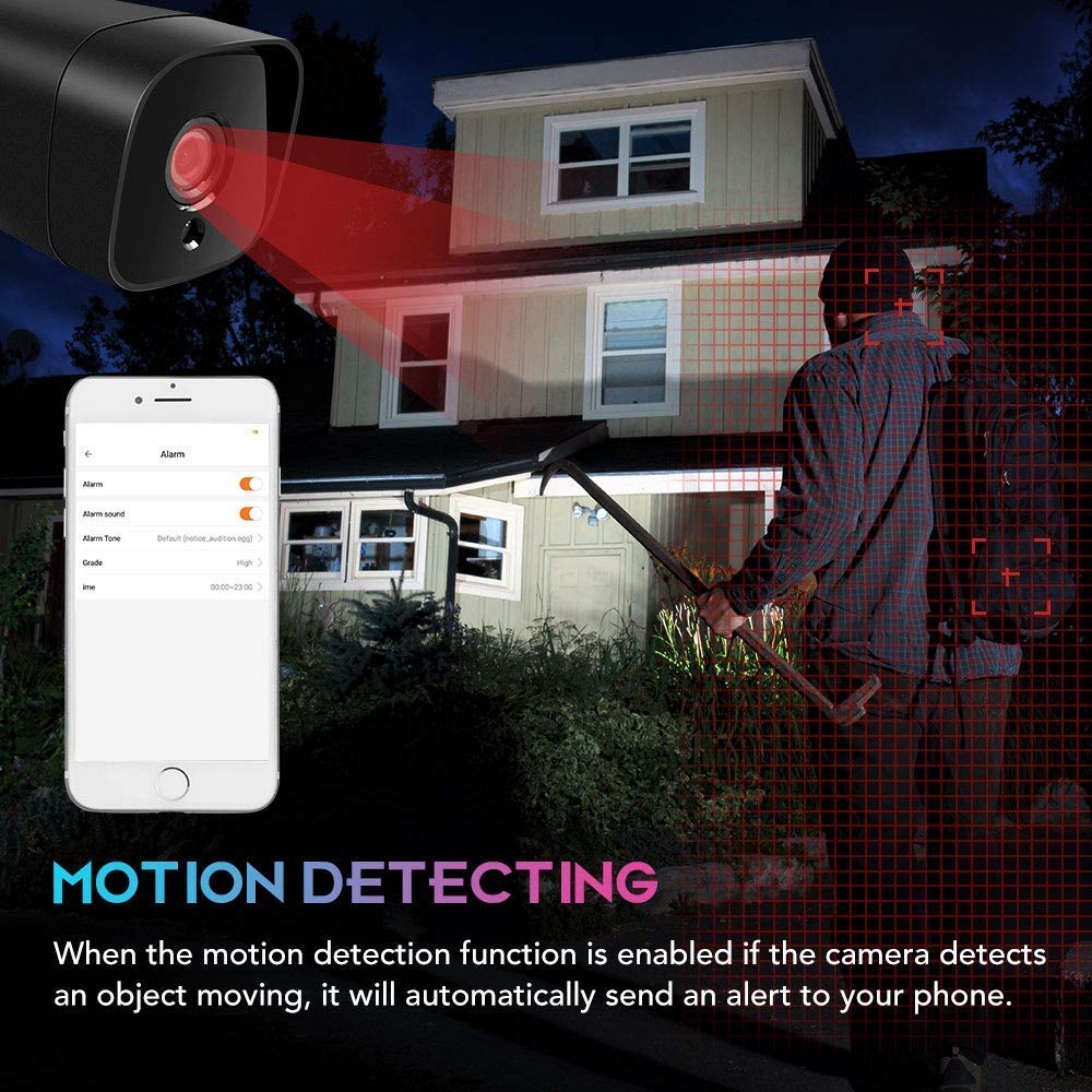 Outdoor Security Camera, 1080P WiFi Camera Wireless Surveillance Cameras, PIR Smart Motion Detection, IP Camera with IP66 Waterproof, IR Night Vision, Activity Alert, Deterrent Alarm - iOS, Android