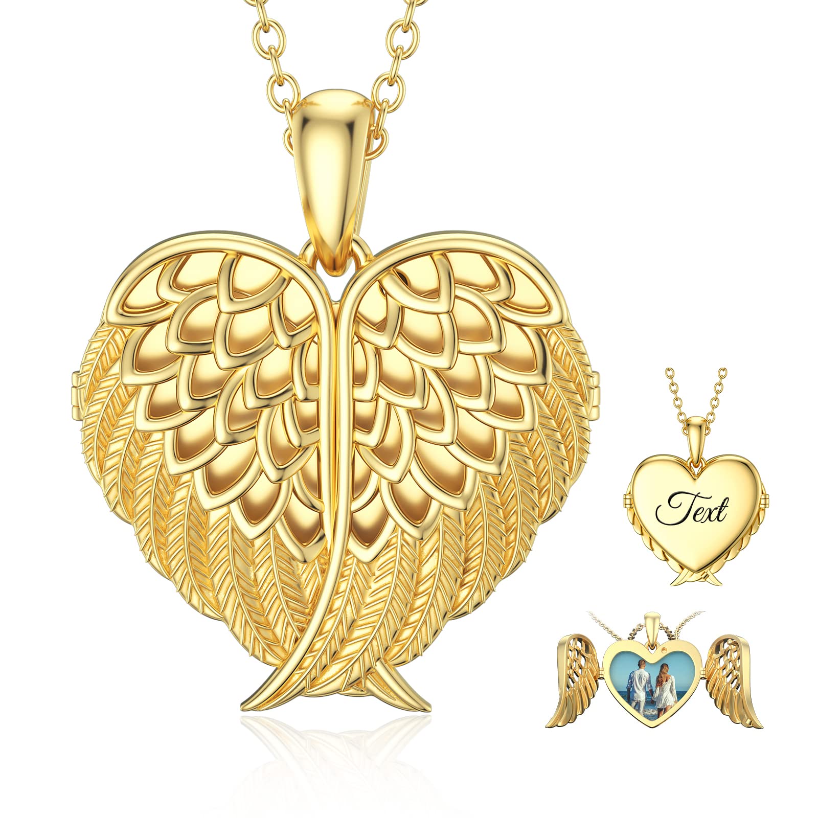 SOULMEET 10k 14k 18k Solid Yellow Gold Angel Wings Heart Shape Locket Necklace That Holds 2 Pictures Personalized Letters Engraved Custom Image Locket (Custom Photo & Text)