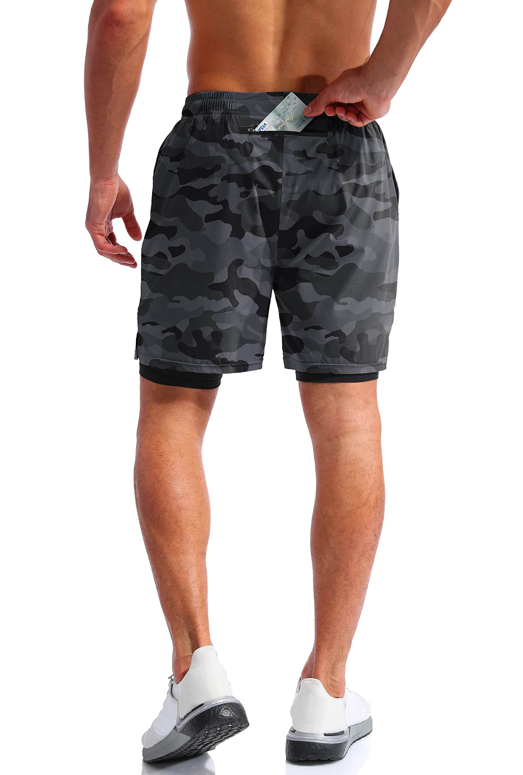 Pudolla Men’s 2 in 1 Running Shorts 7" Quick Dry Gym Athletic Workout Shorts for Men with Phone Pockets(Black Camo Large)